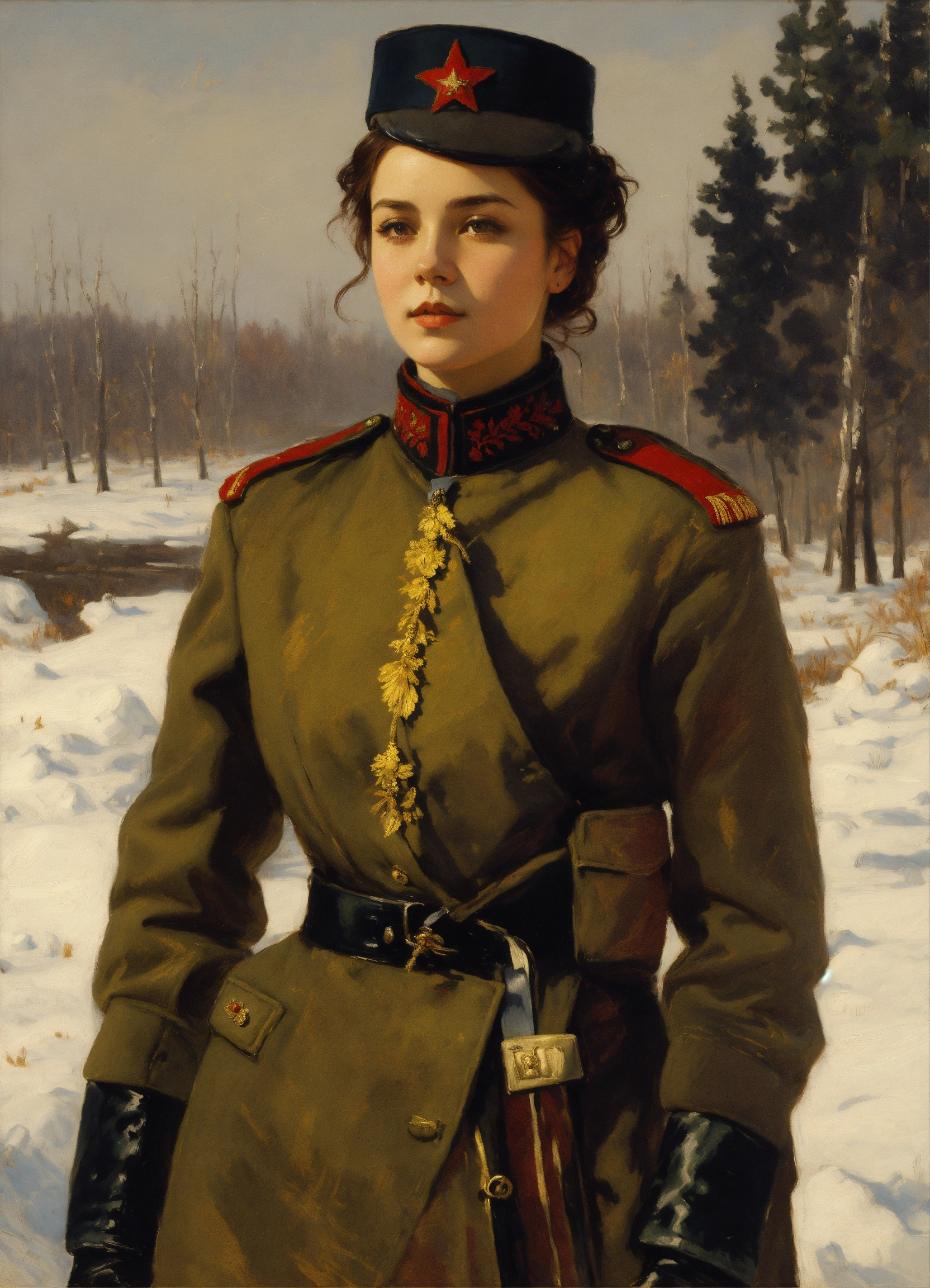 Lexica - Artwork by Ilya Repin female soldier with dark brown hair ...