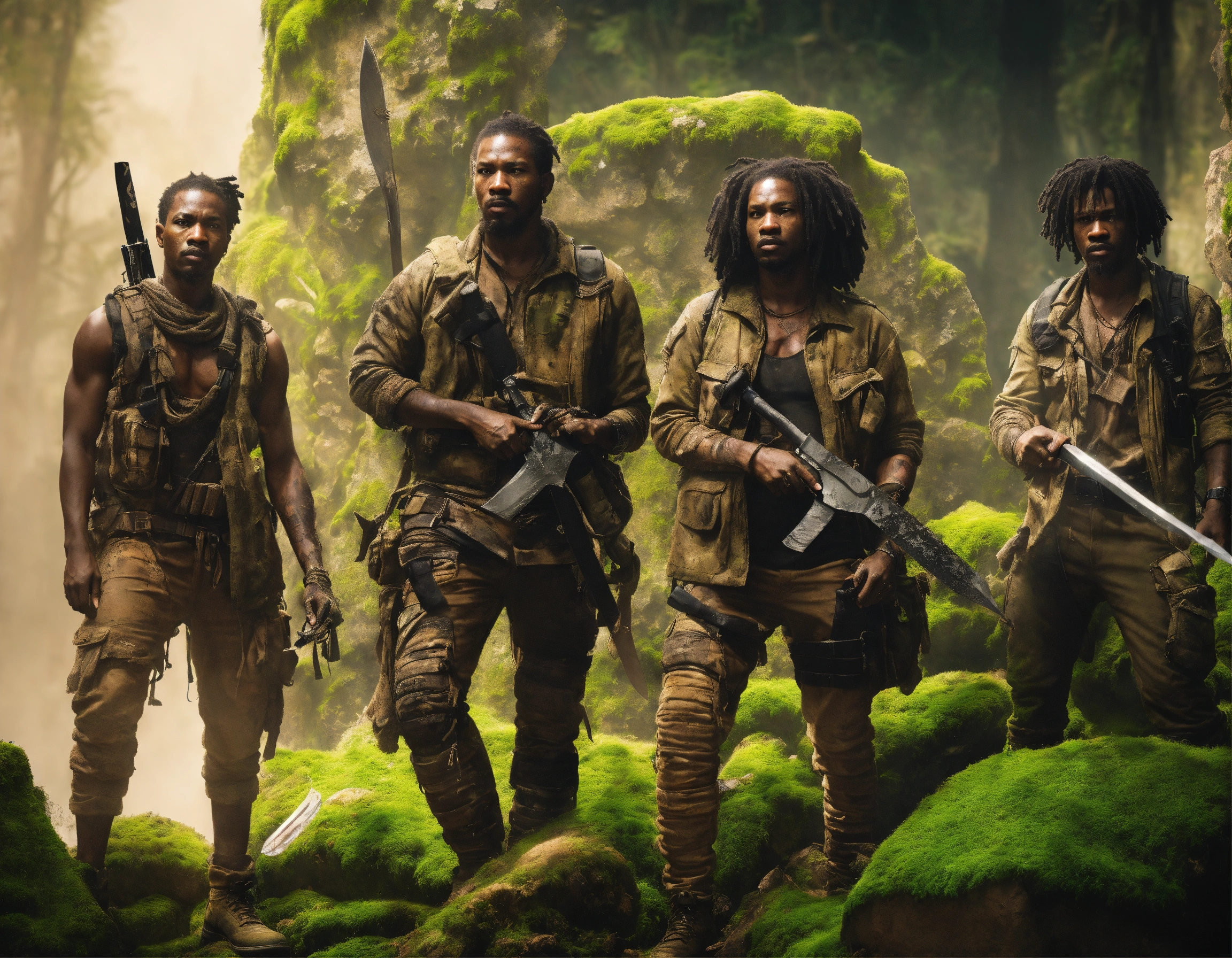 Lexica - A realistic photo of five different black survivors dressed in ...