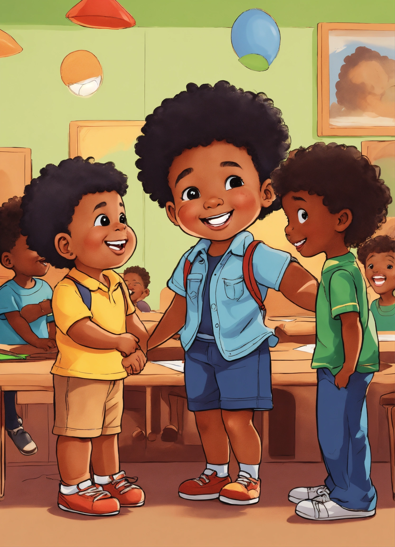 Lexica - Cartoon, colorful, illustrate a black toddler boy playing with ...