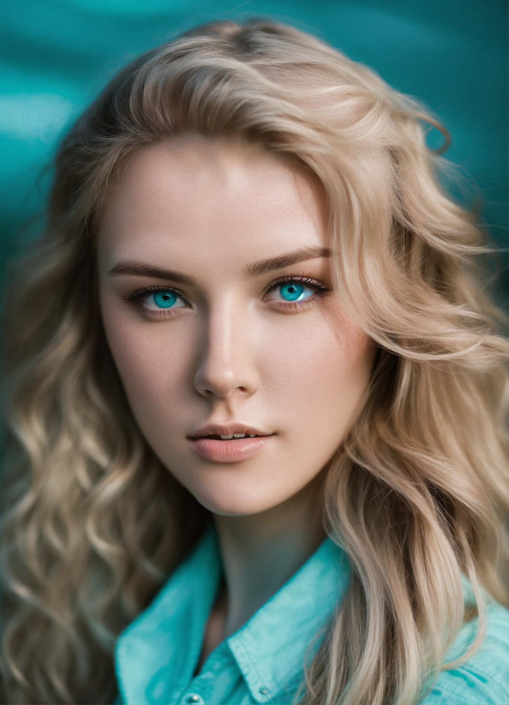 Lexica - White woman, fair skin, long bright cyan wavy hair, cyan eyes