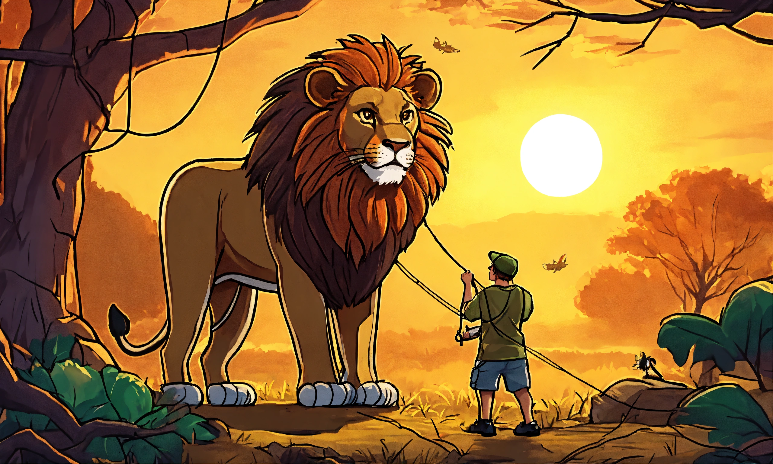 Lexica - Cartoon hunter caught big lion with the help of net and hooked ...
