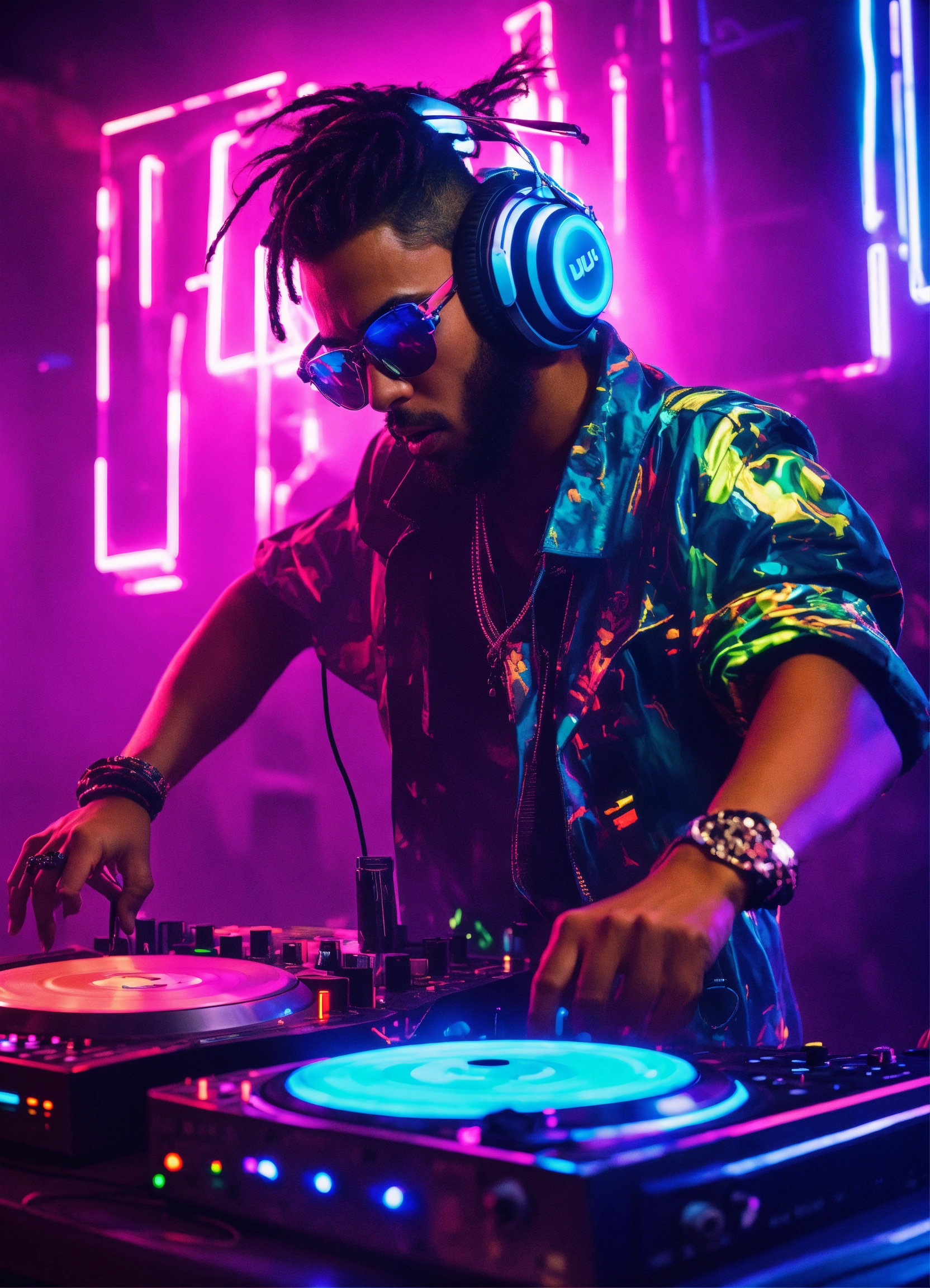 Lexica - A epic DJ character with chaotic elements and dramatic neon ...