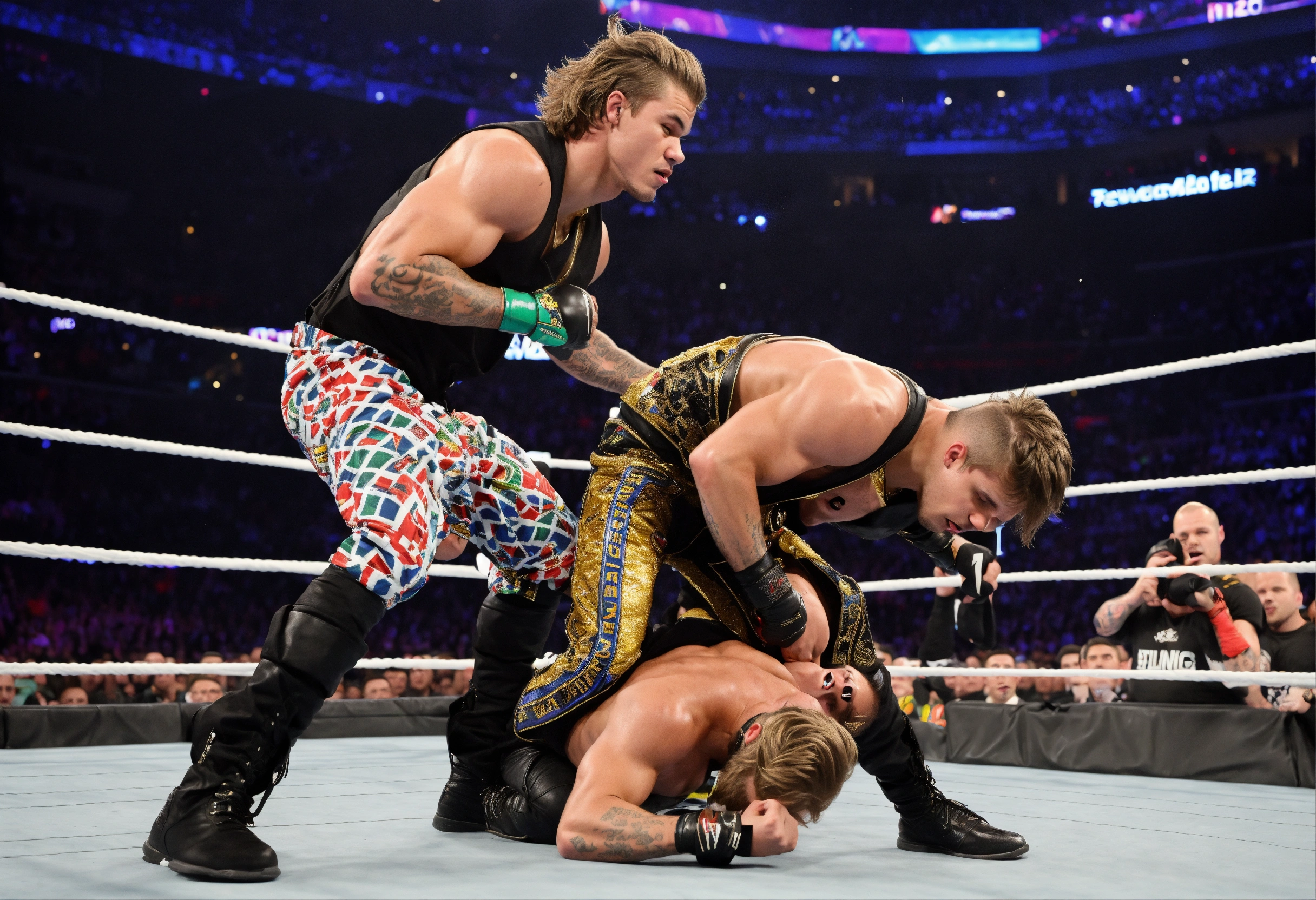 Lexica - Justin bieber as a WWE wrestler, tackling Harry Styles