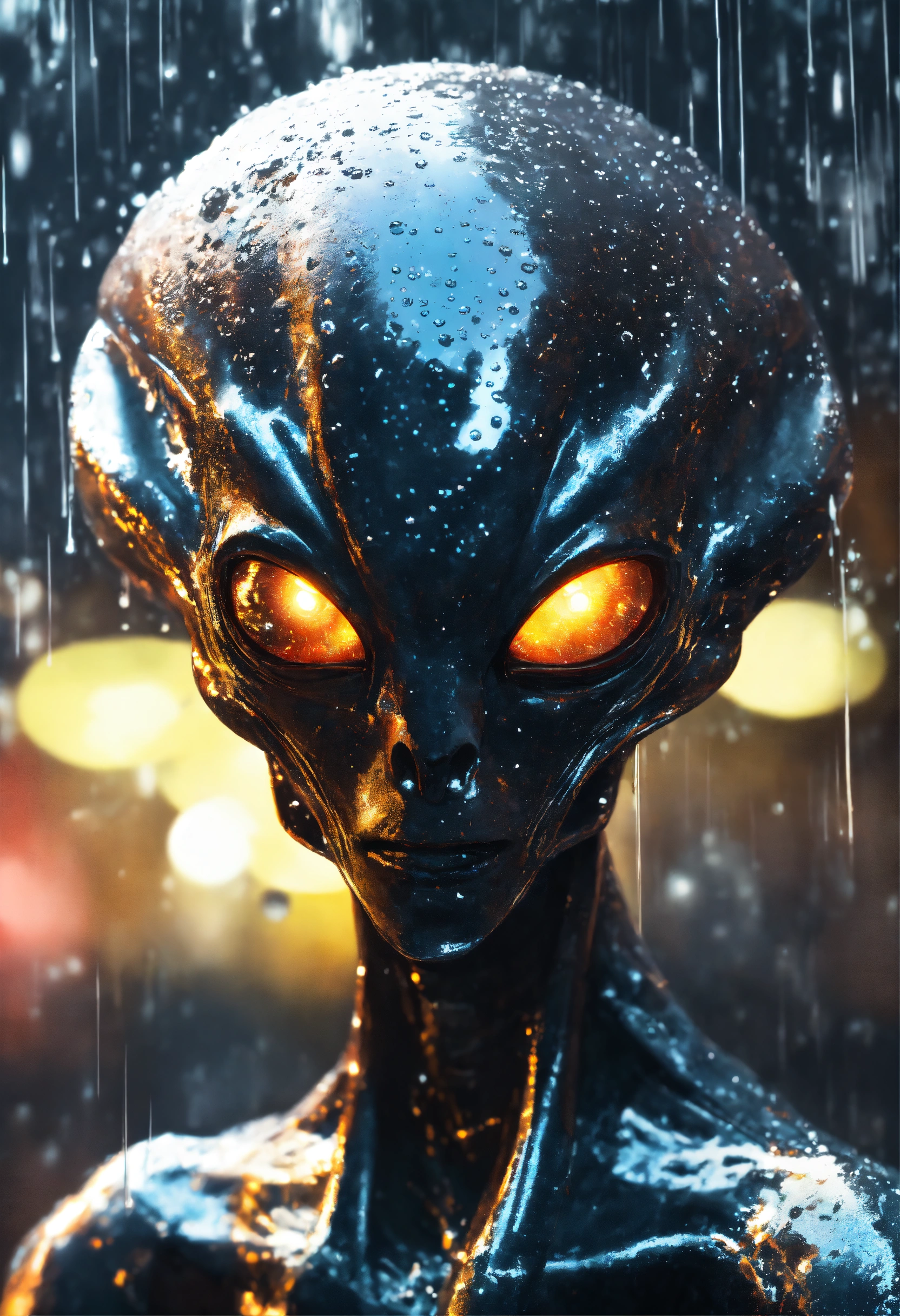 Lexica - An sterotypical alien with glowing eyes, in the pouring rain ...