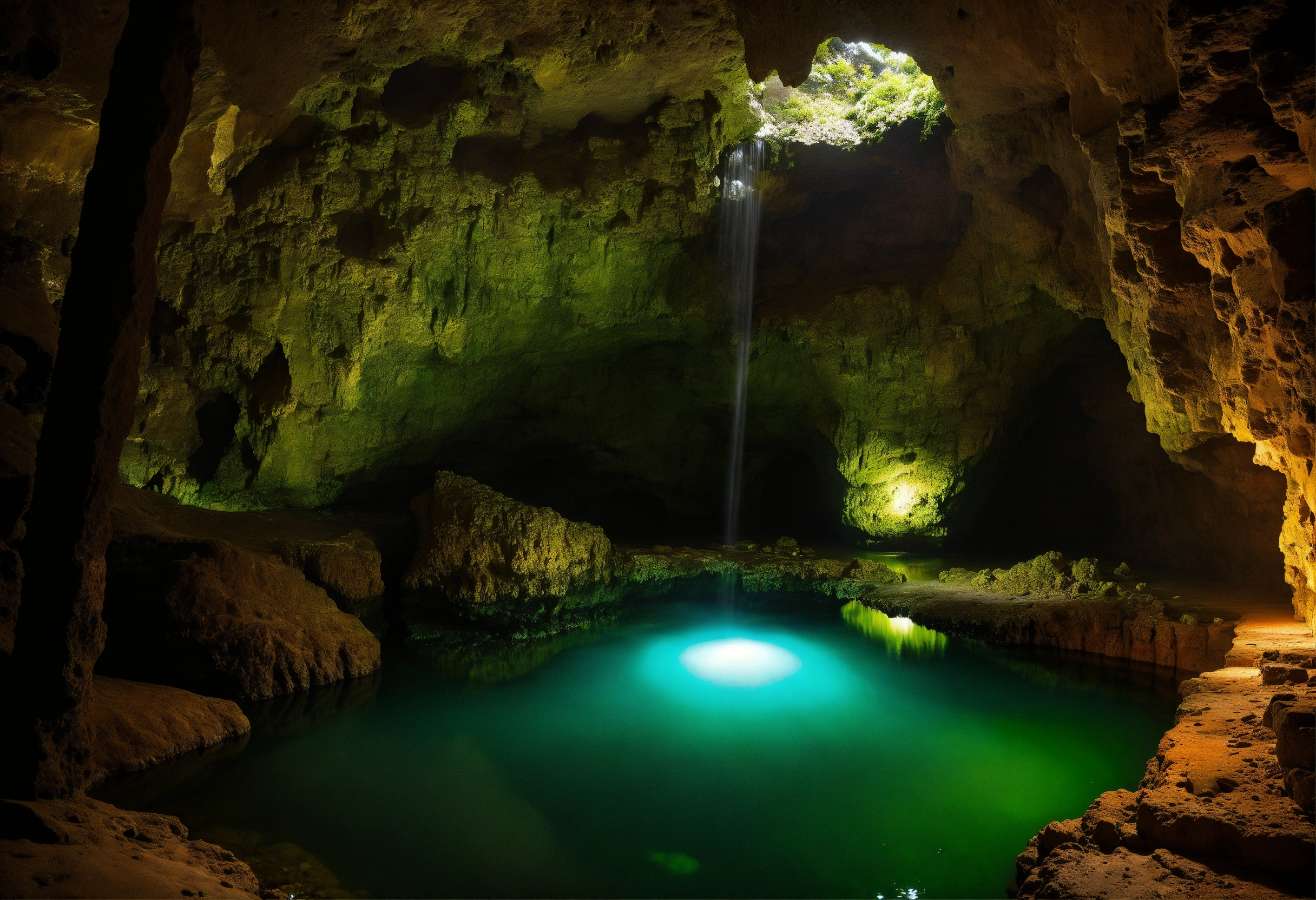Lexica - Dark cave, no light, rock cave dark, with pool of water
