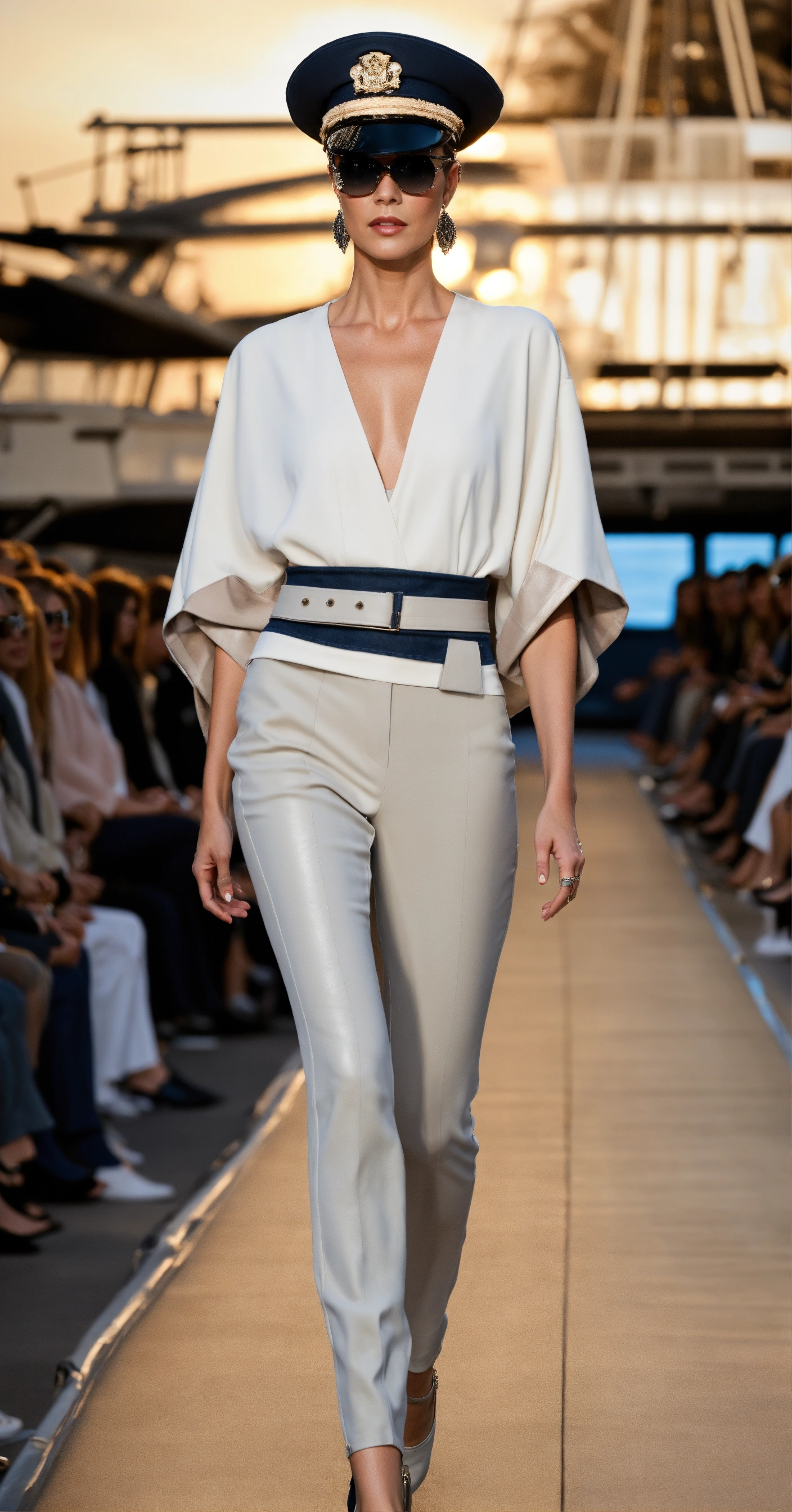 Lexica - 3d realistic photo of female captain walking runway during ...