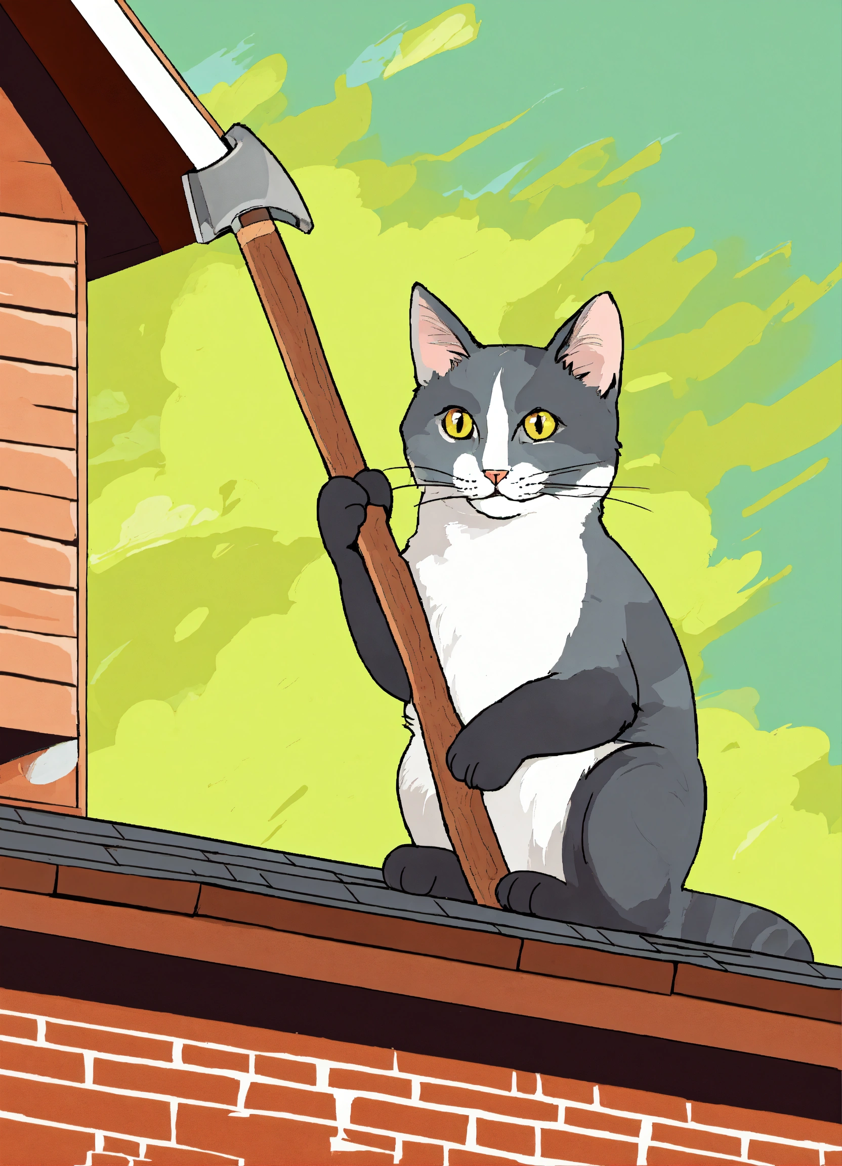 Lexica - Cat with a hammer repairs the roof of a house