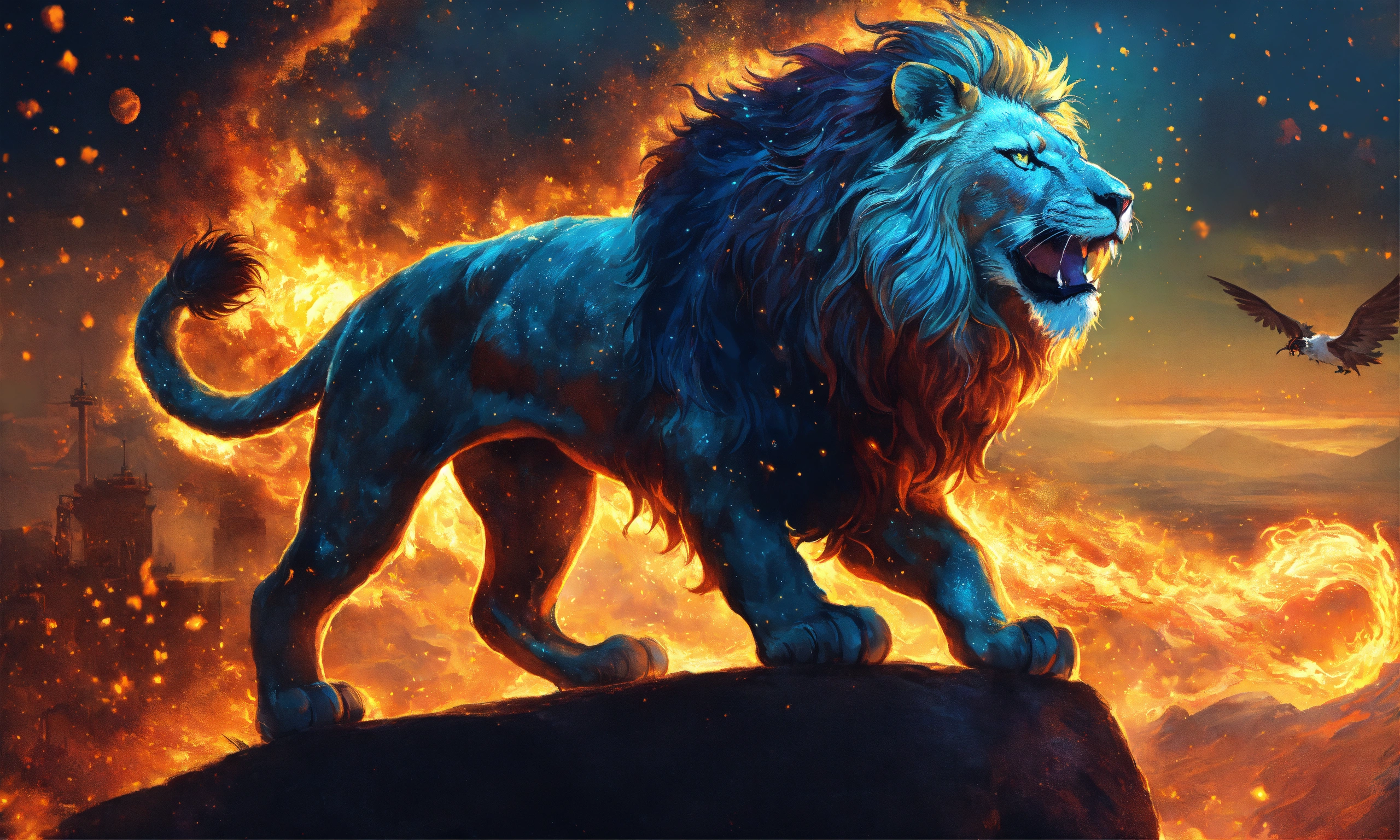 Lexica - Realistic, hyperwave cover art, fire lion facing front, mane ...