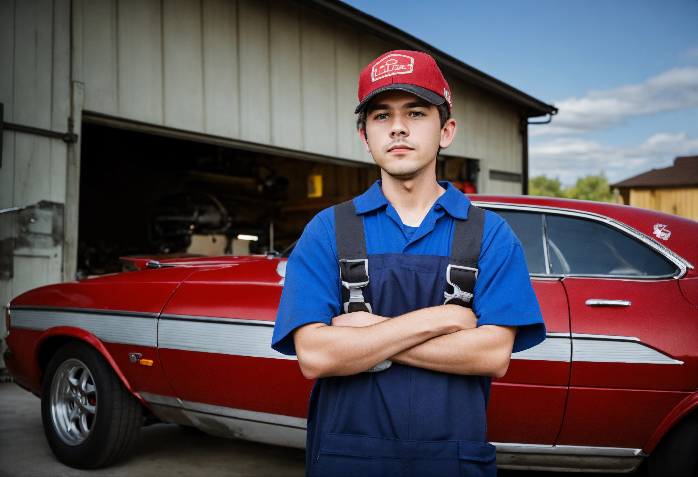 Lexica - Young boy 33 year old , car mechanic dress , cap , car garage