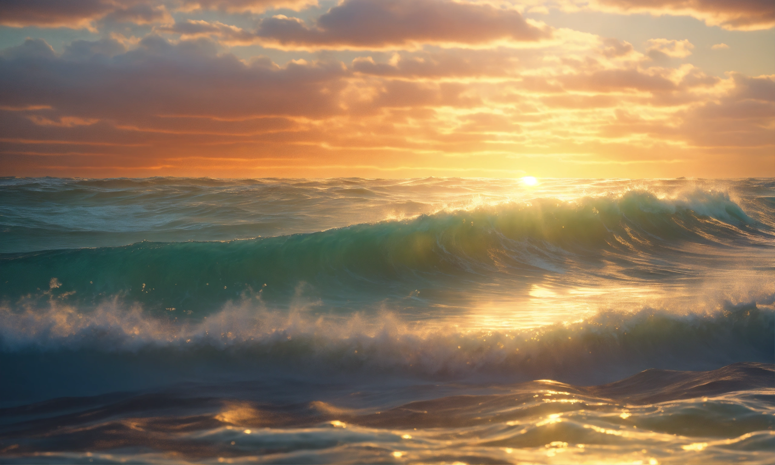 Lexica - Close up ocean waves field with rays of sunlight, lots of ...