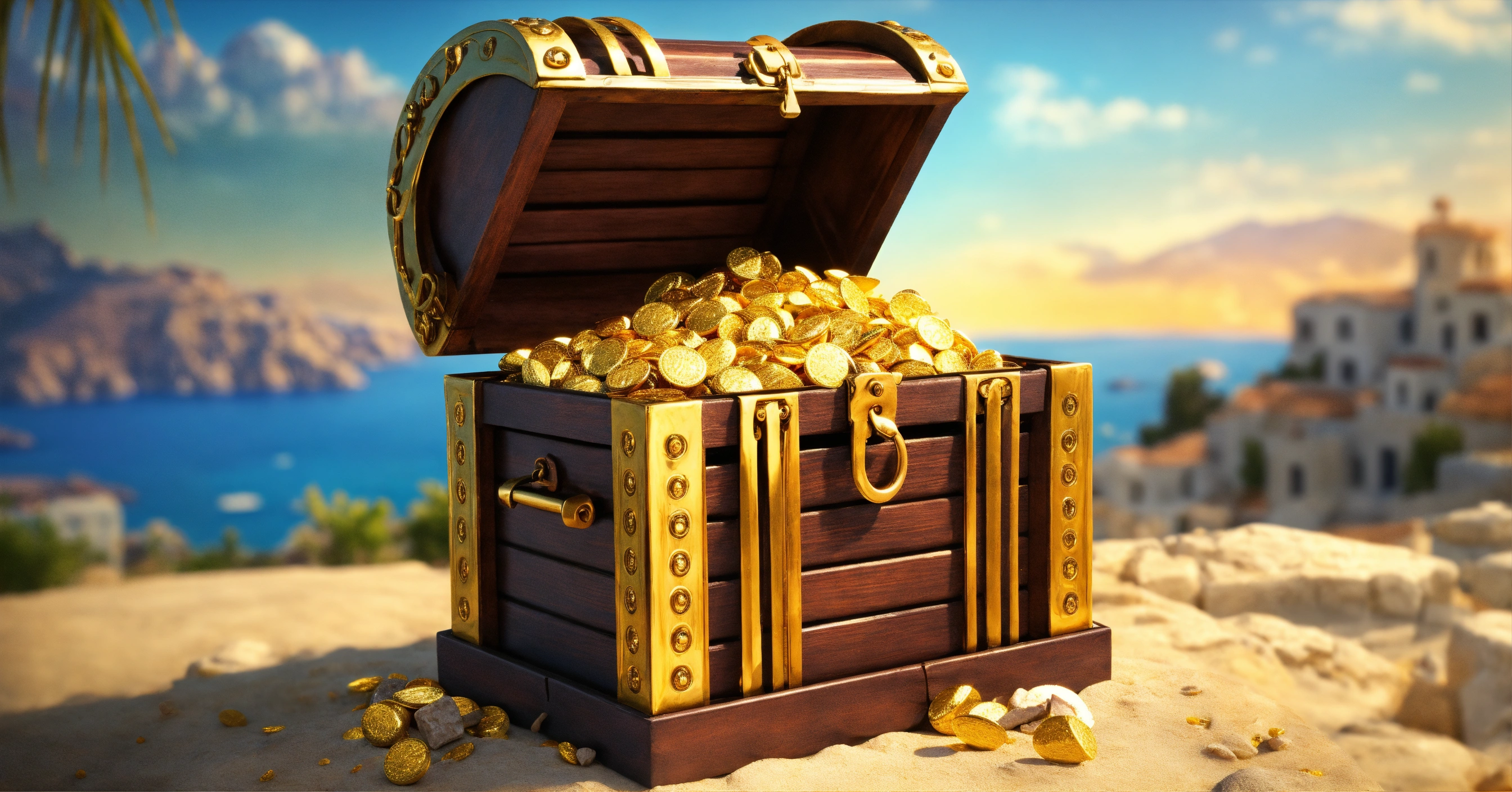 Lexica - Treasure chest, realistic, well done, 8k, grece background
