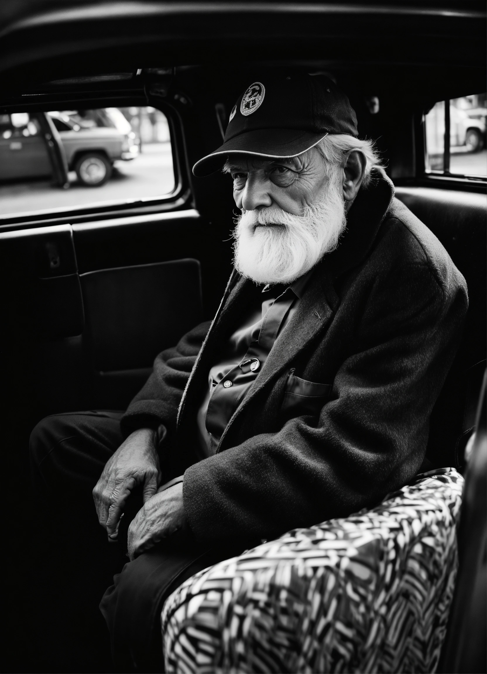 Lexica - A wise old man with white beard and baseball cap in a taxi cab ...