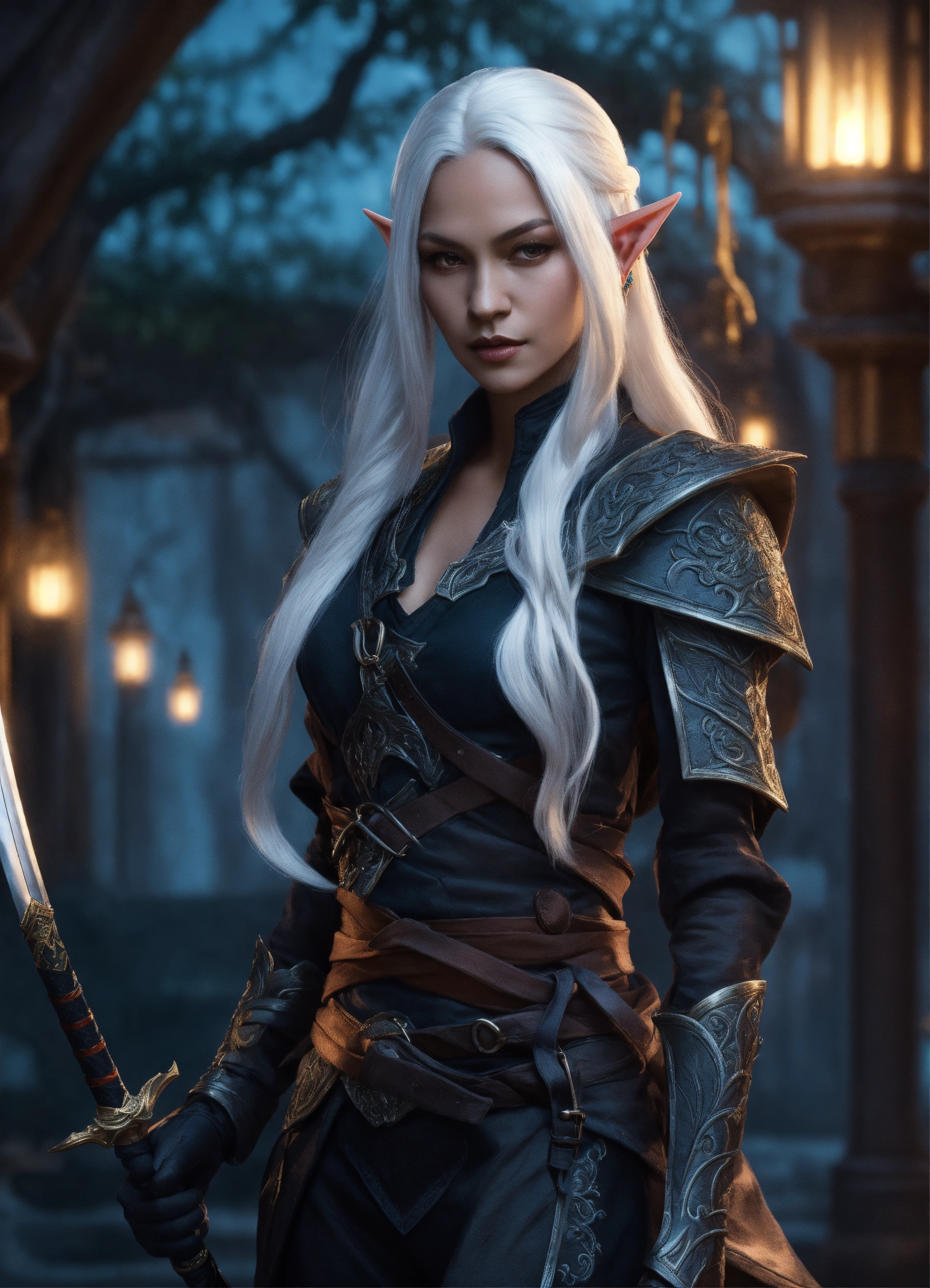 Lexica - Drow Elf Rogue, full body long white hair tucked behind ears, magical right hand ...