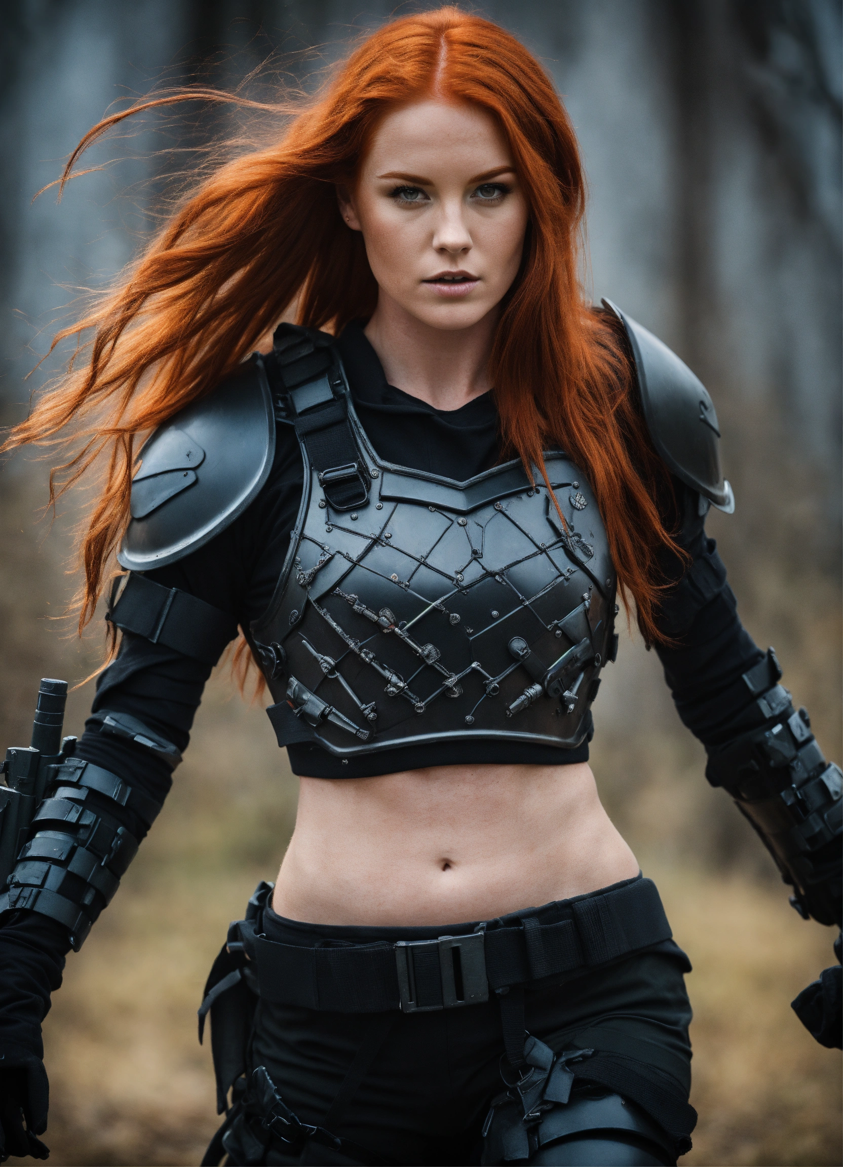 Lexica - Female athletic red hair model wearing black metal military ...