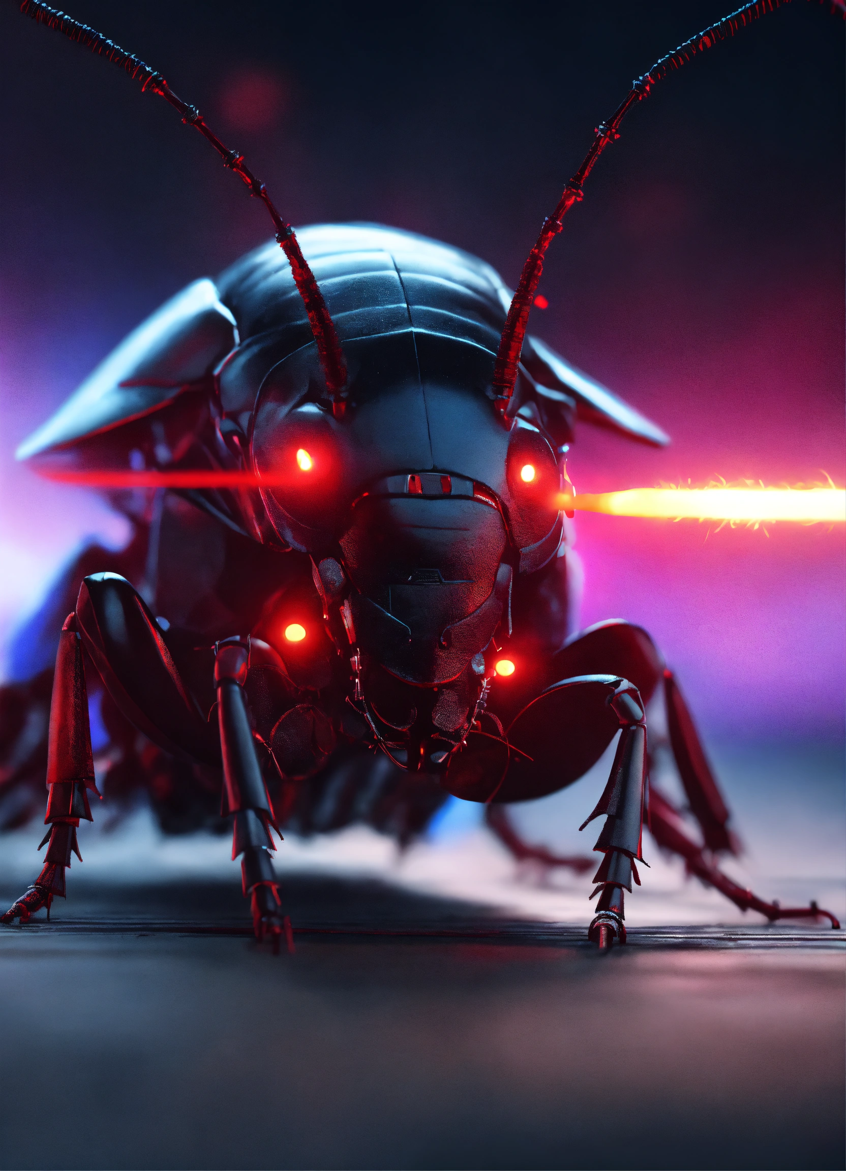 Lexica - Zoom out of black cockroach faced humanoid with red glowing ...