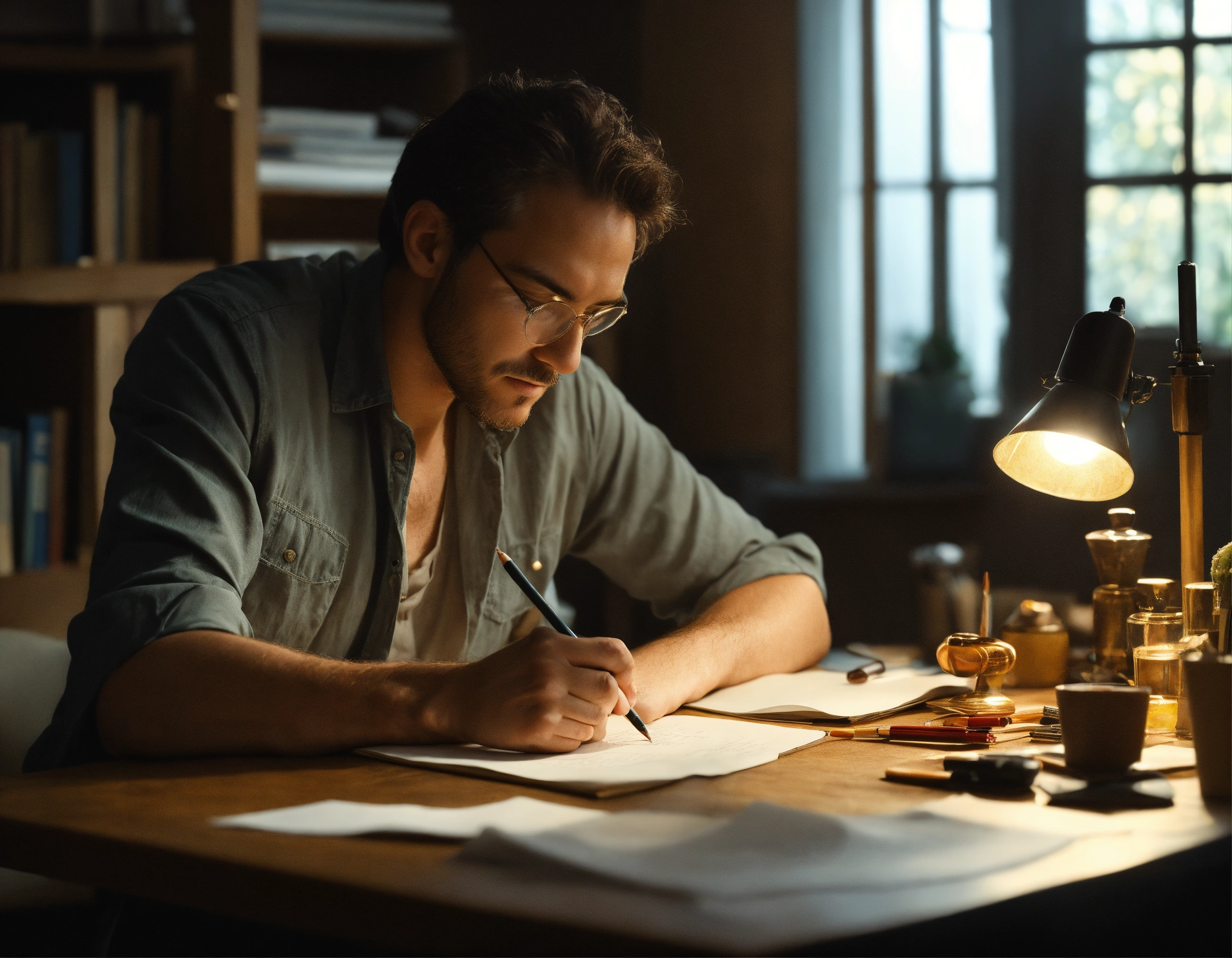 Lexica - The man is a poet, sitting at his desk in his office. He is ...