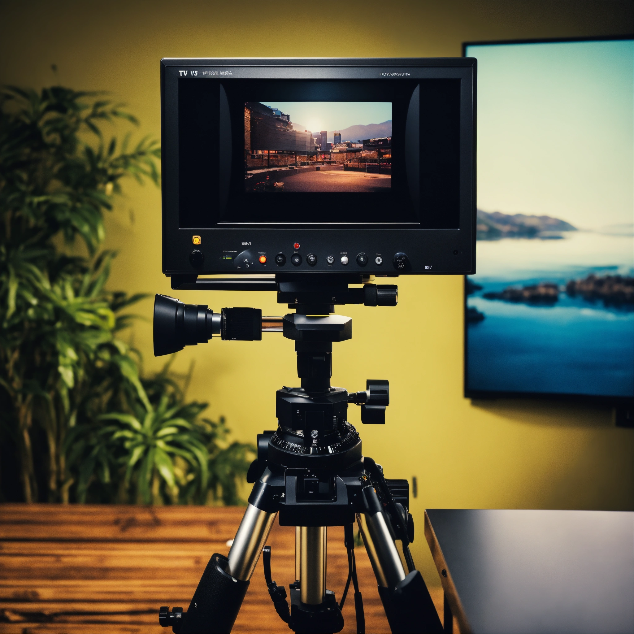 Lexica - A TV monitor showing a movie camera, modern photographic style