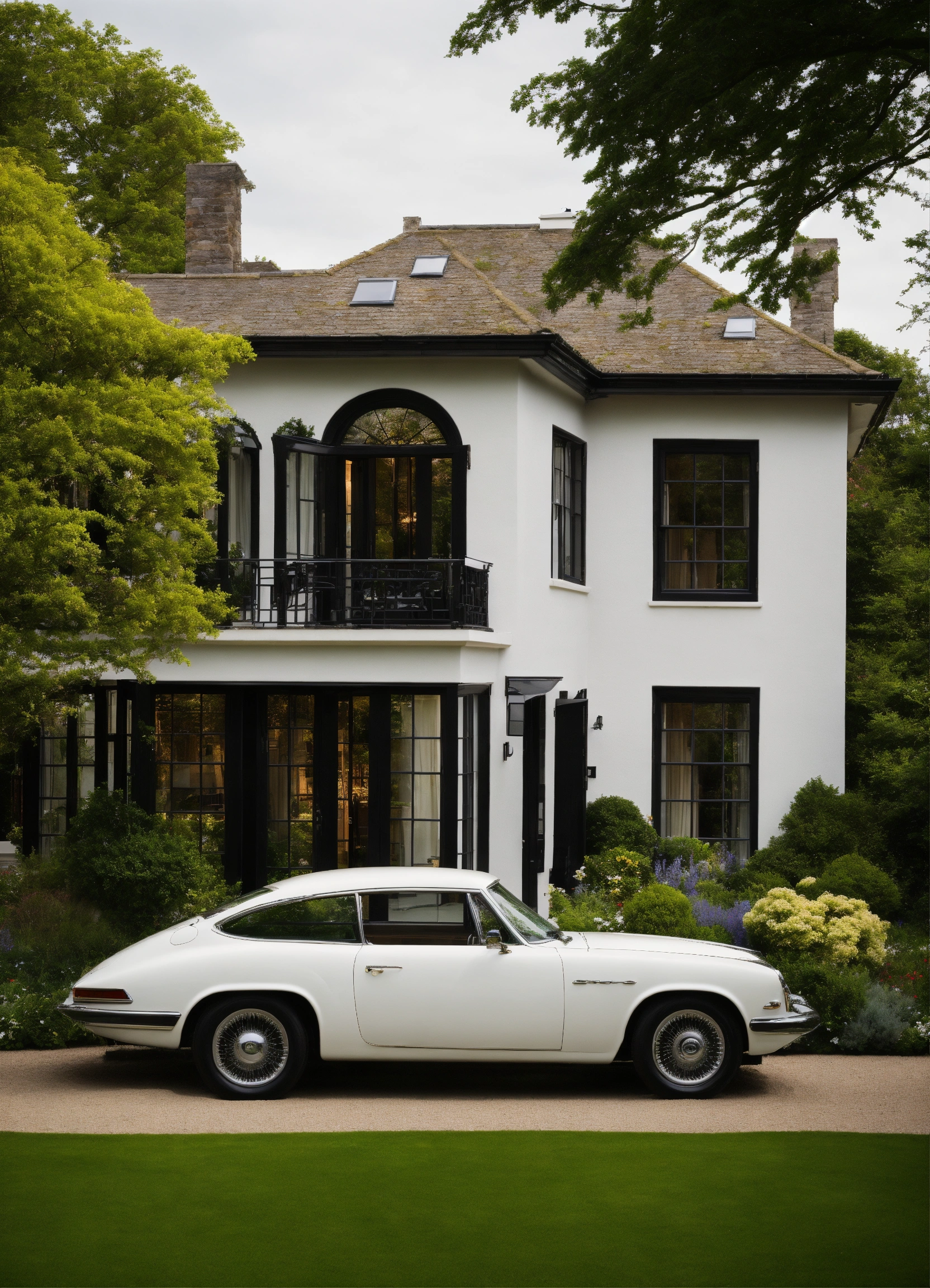 Lexica - White House, black window frame, big window, garden, luxurious ...