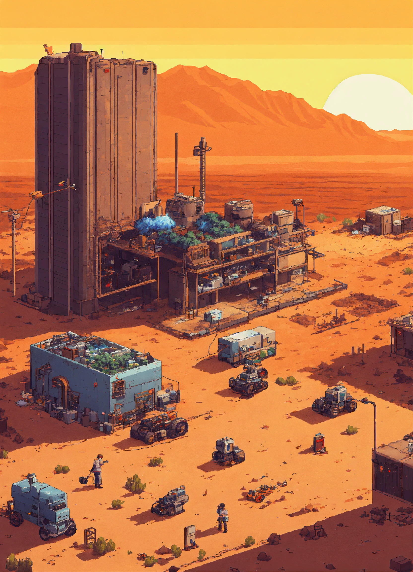 Lexica - Pixel art of a desert with a large industrial building ...