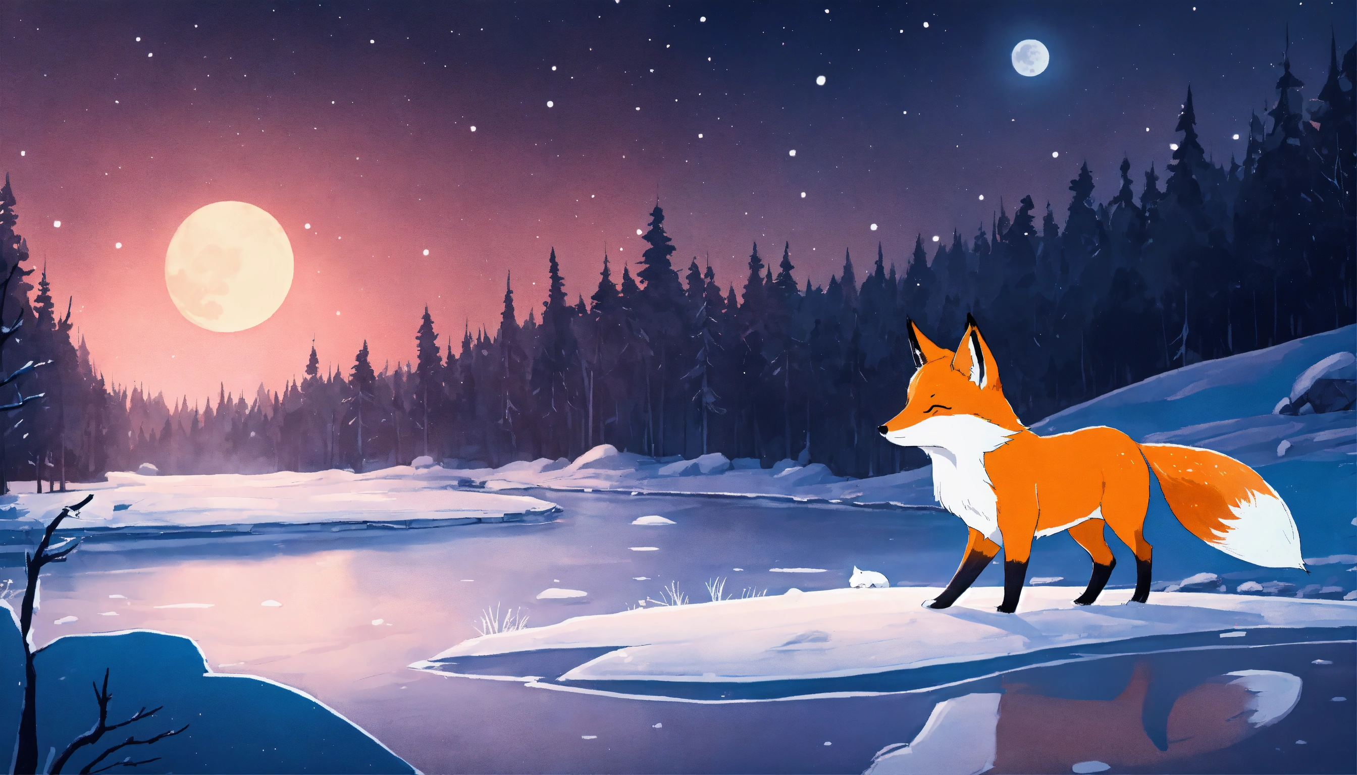 Lexica - A cartoon-style fox, no tail is running on a frozen river at ...