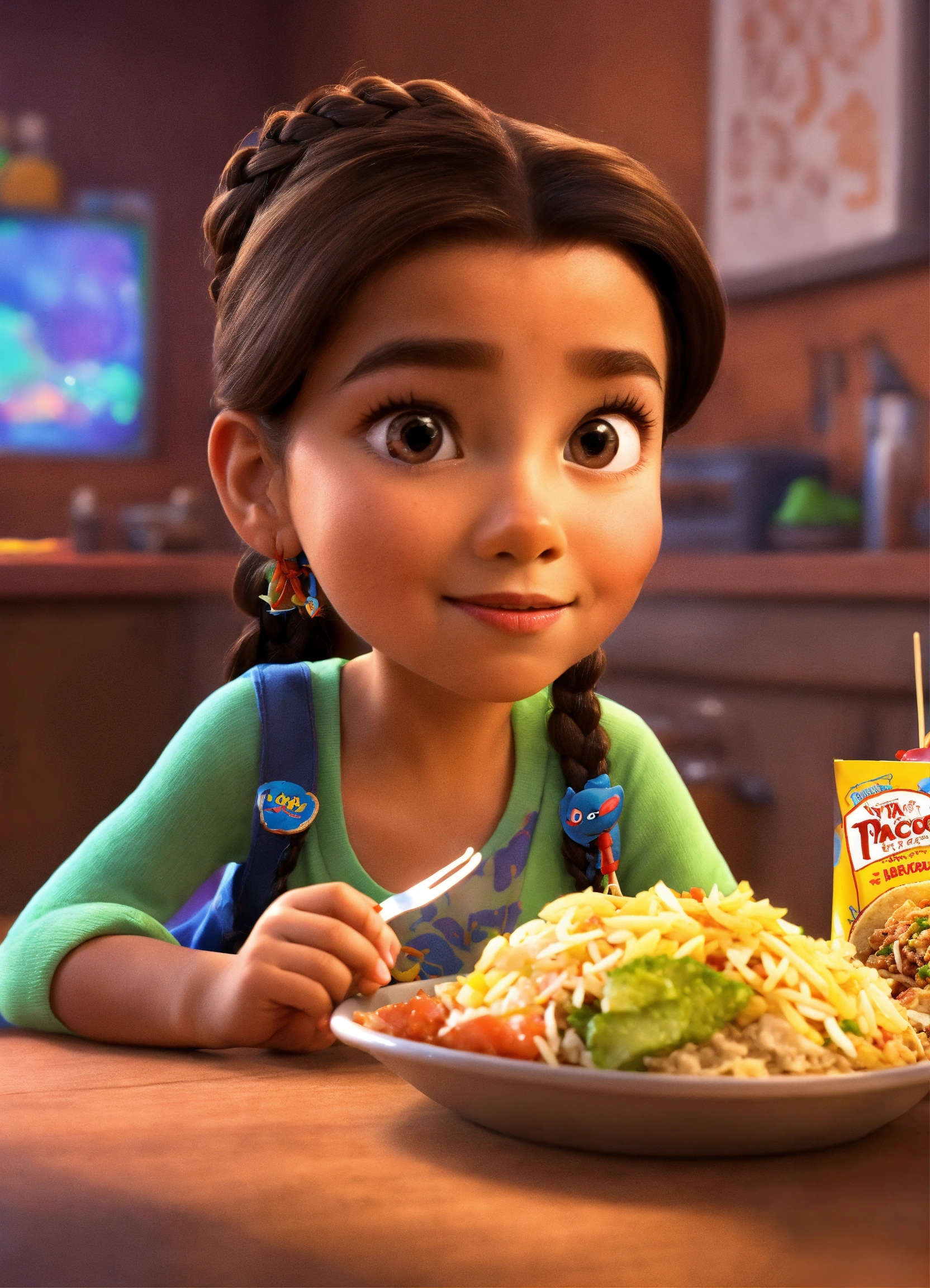 Lexica - Pixar animation of 8 year old eva longoria with a braid eating ...