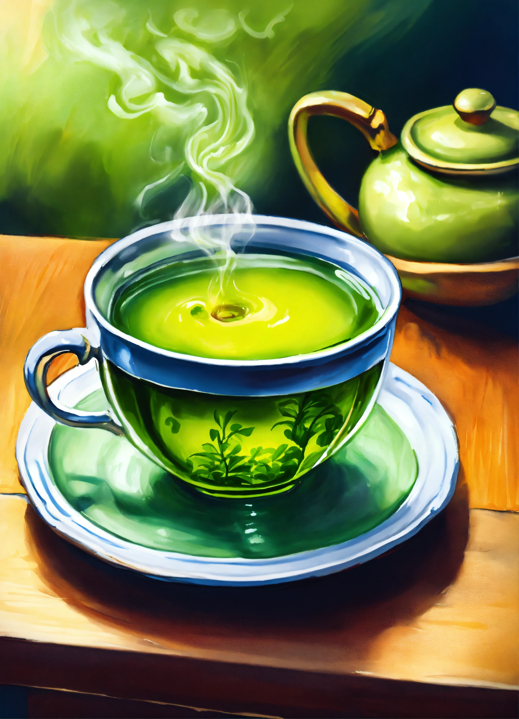 Lexica A Hand Drawn Painting Of A Cup Of Steaming Hot Green Tea Kept