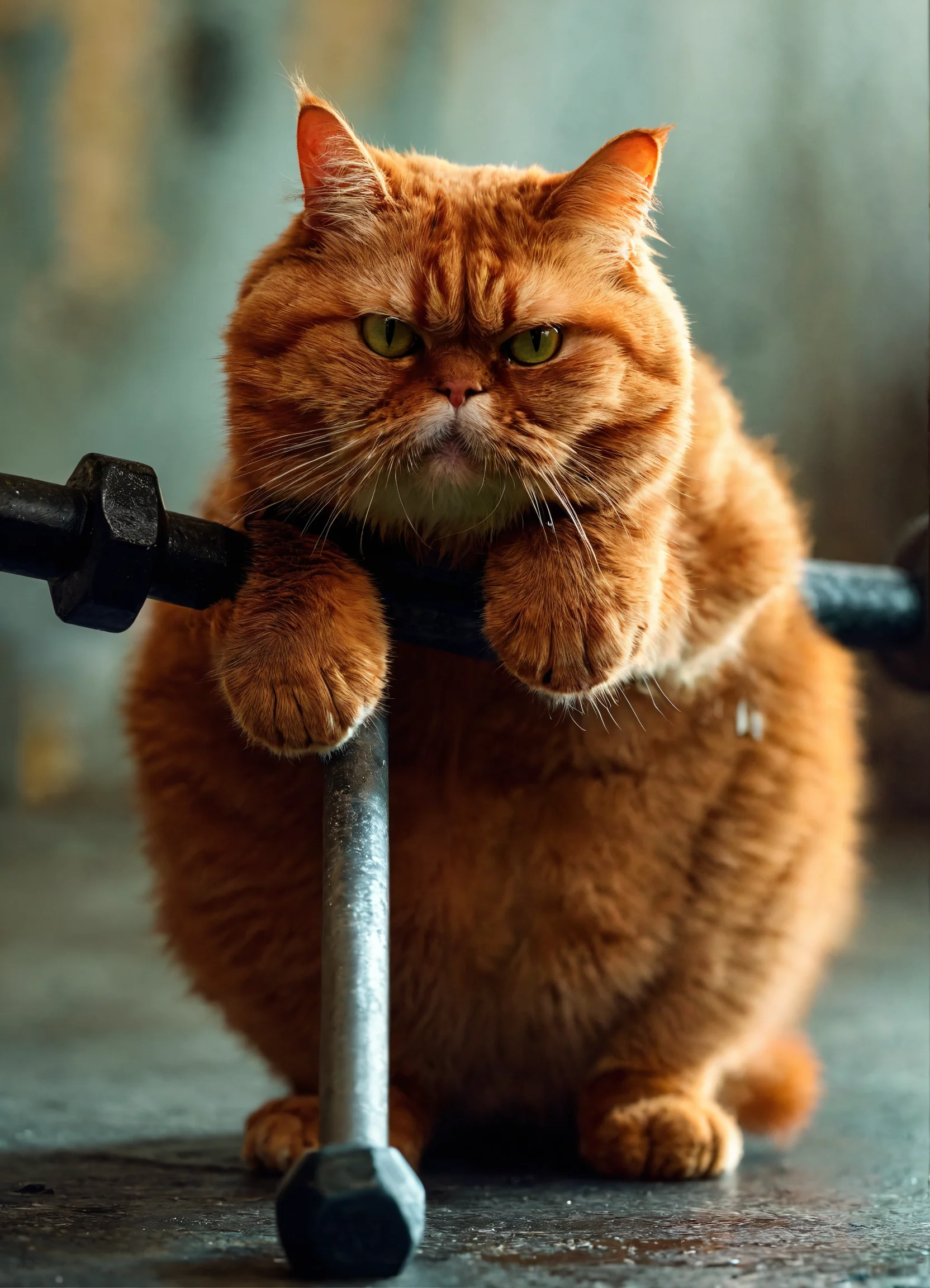 Lexica - Sad fat red cat Raises a barbell