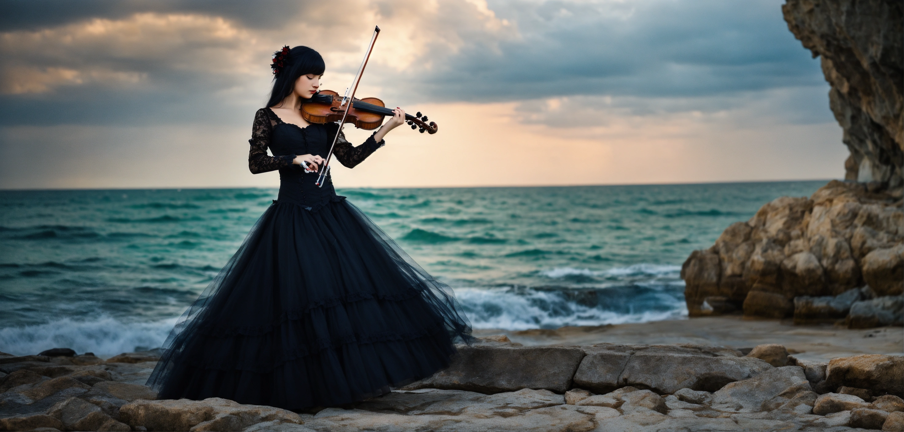 Lexica - Beautiful gothic girl playing violin by the sea