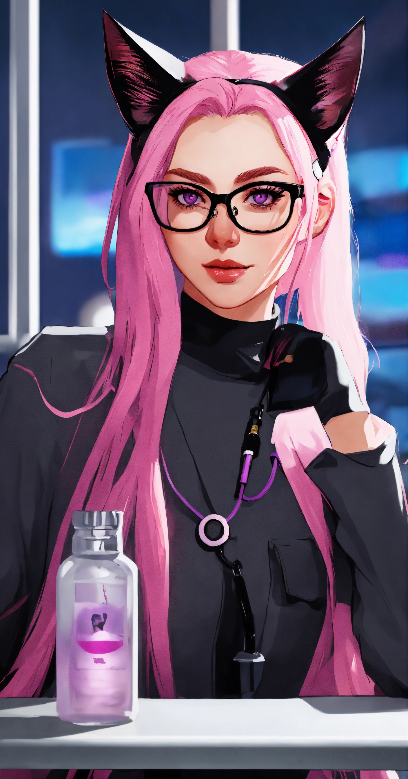 Lexica - Female doctor, with long pink hair, with cat ears color black ...