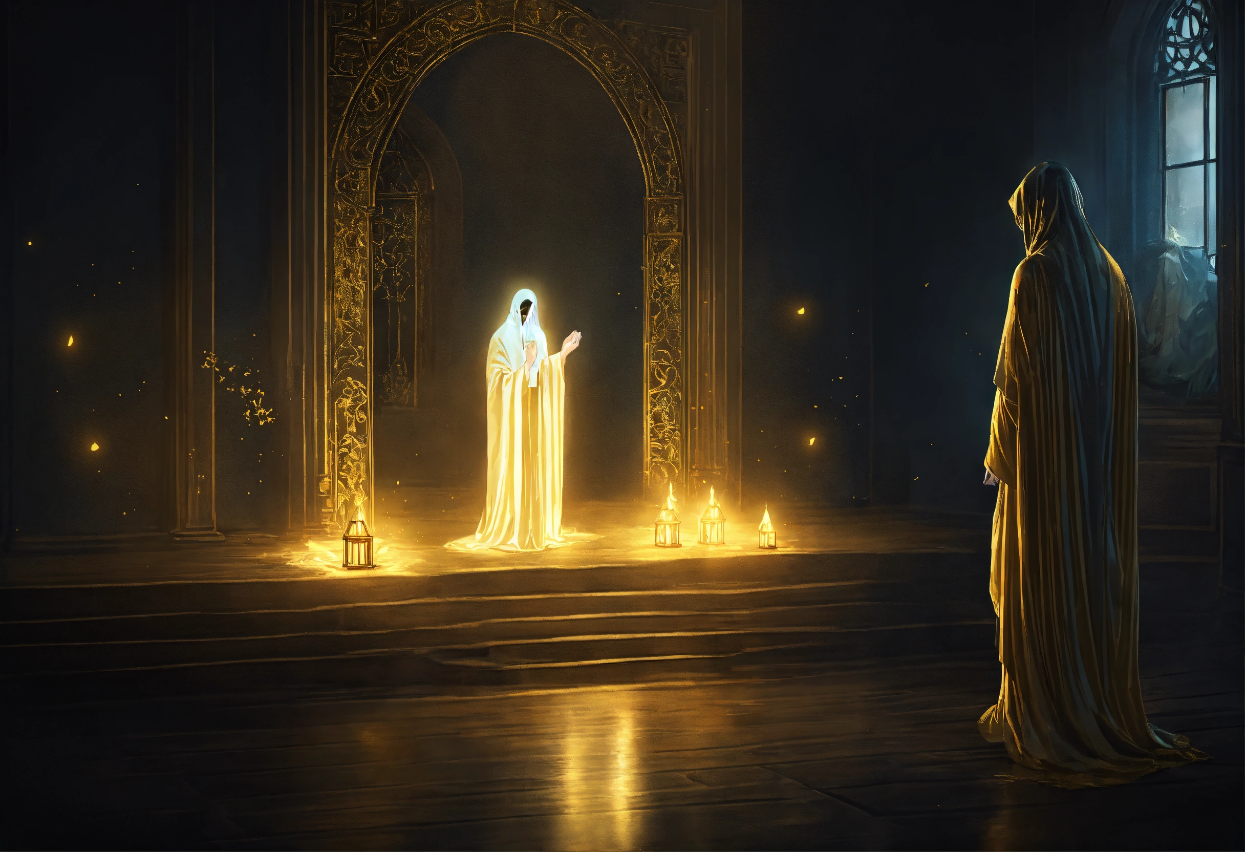 Lexica - Human praying in the dark to a golden gold unclear ghost which ...