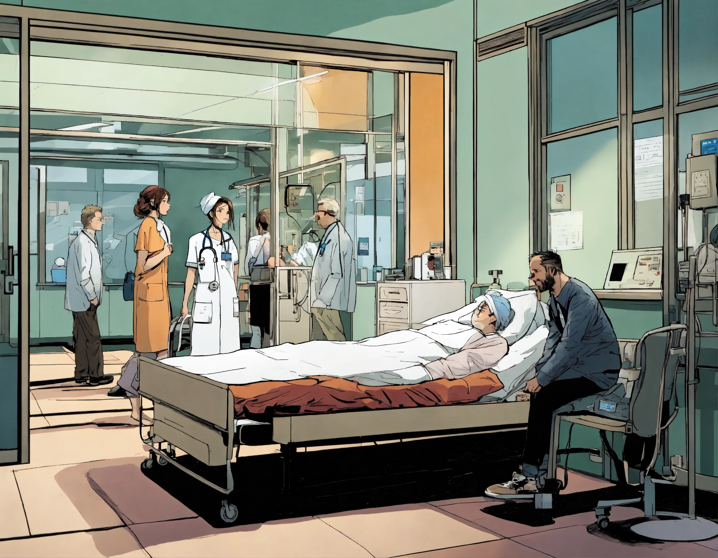 Lexica - Comic Show me a hospital room with a couple of people behind a ...