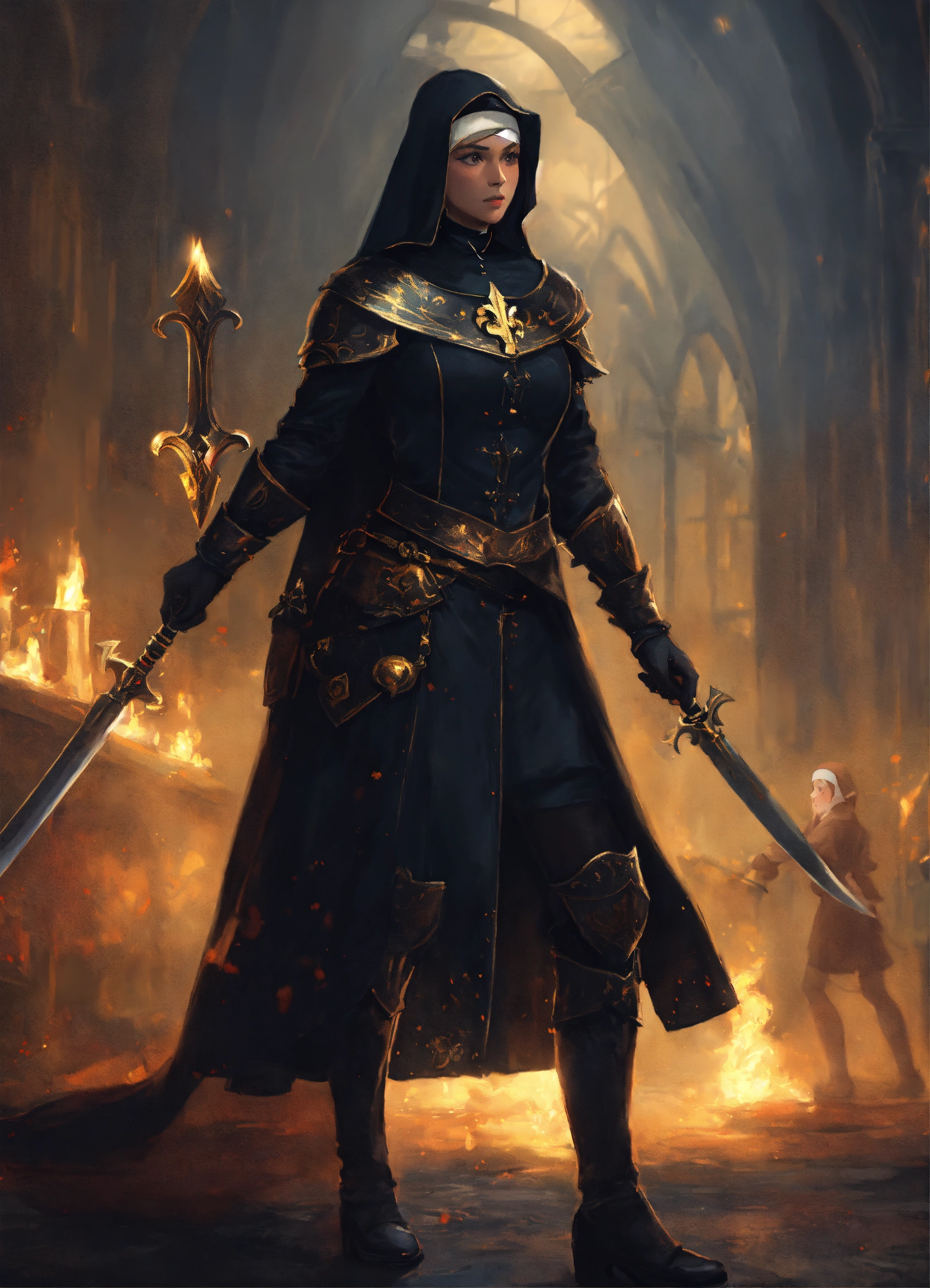 Lexica - A fighting nun in black armour with fleur de lis, concept art