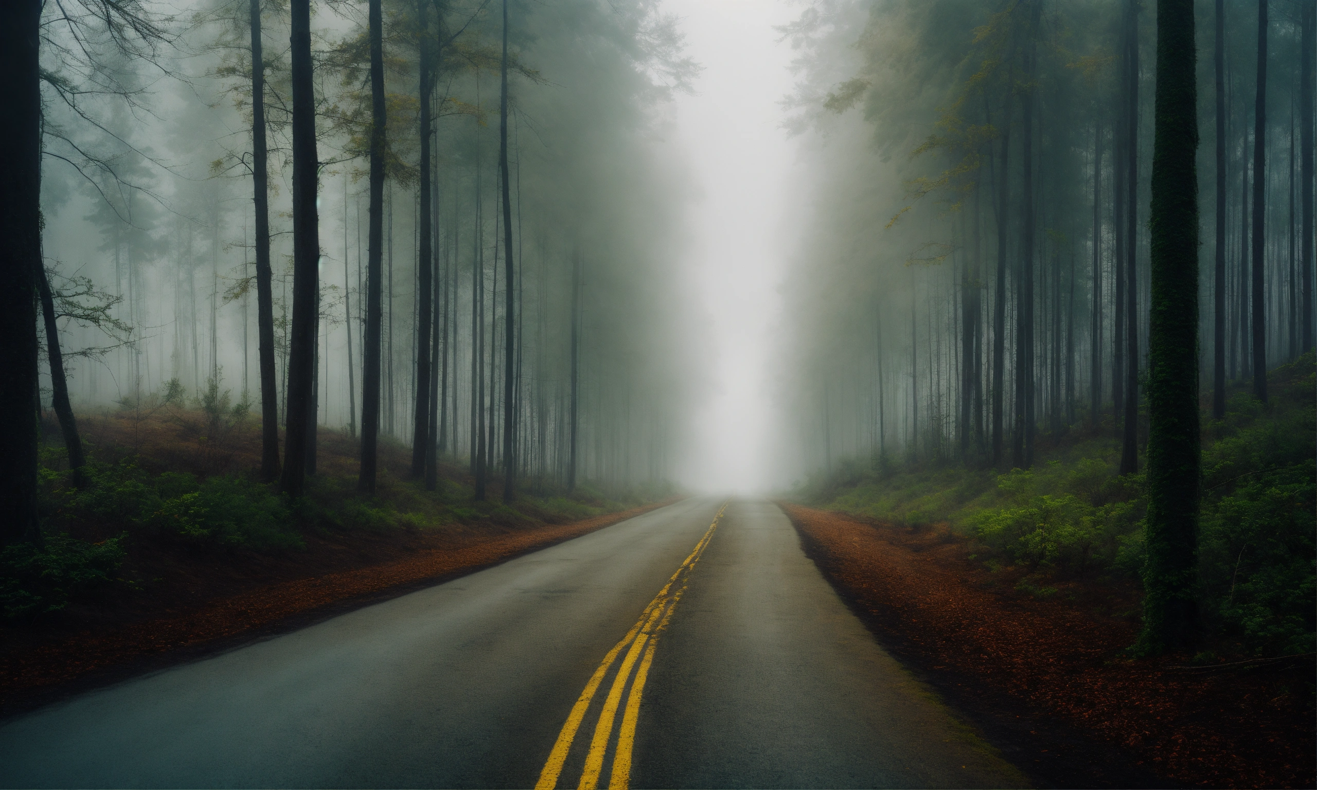 Lexica - A road with trees on each side, forest, realistic, depressing ...