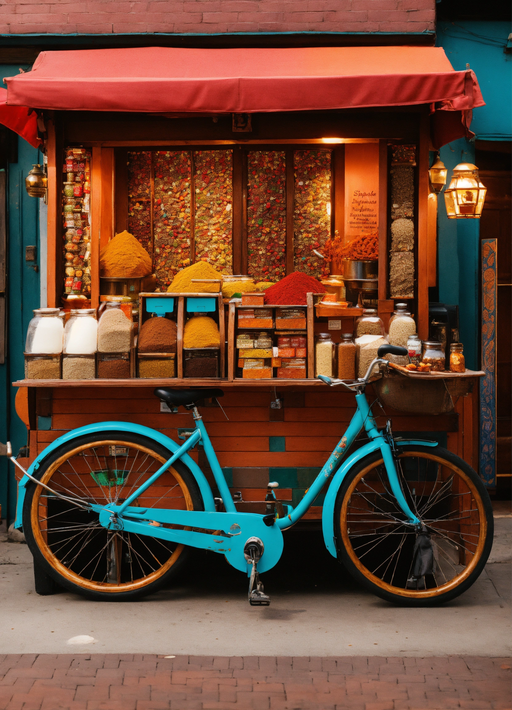 Lexica - Indian restaurant exterior, a vibrant spice bazaar theme, a bicycle with small cart ...