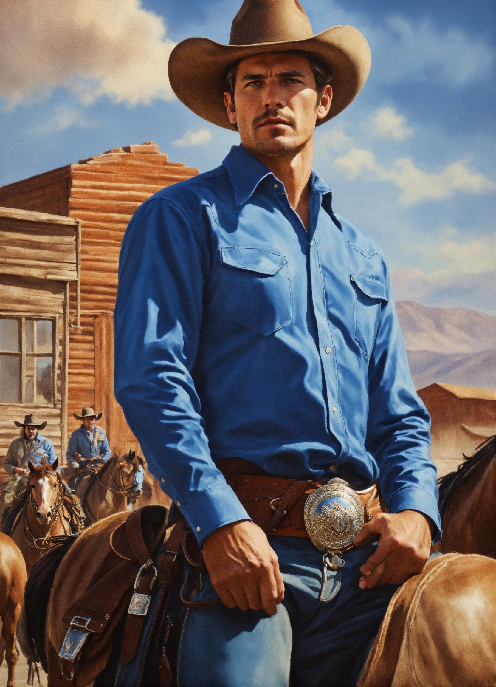Lexica - Poster, cowboy businessmen, blue colors, hard look front ...