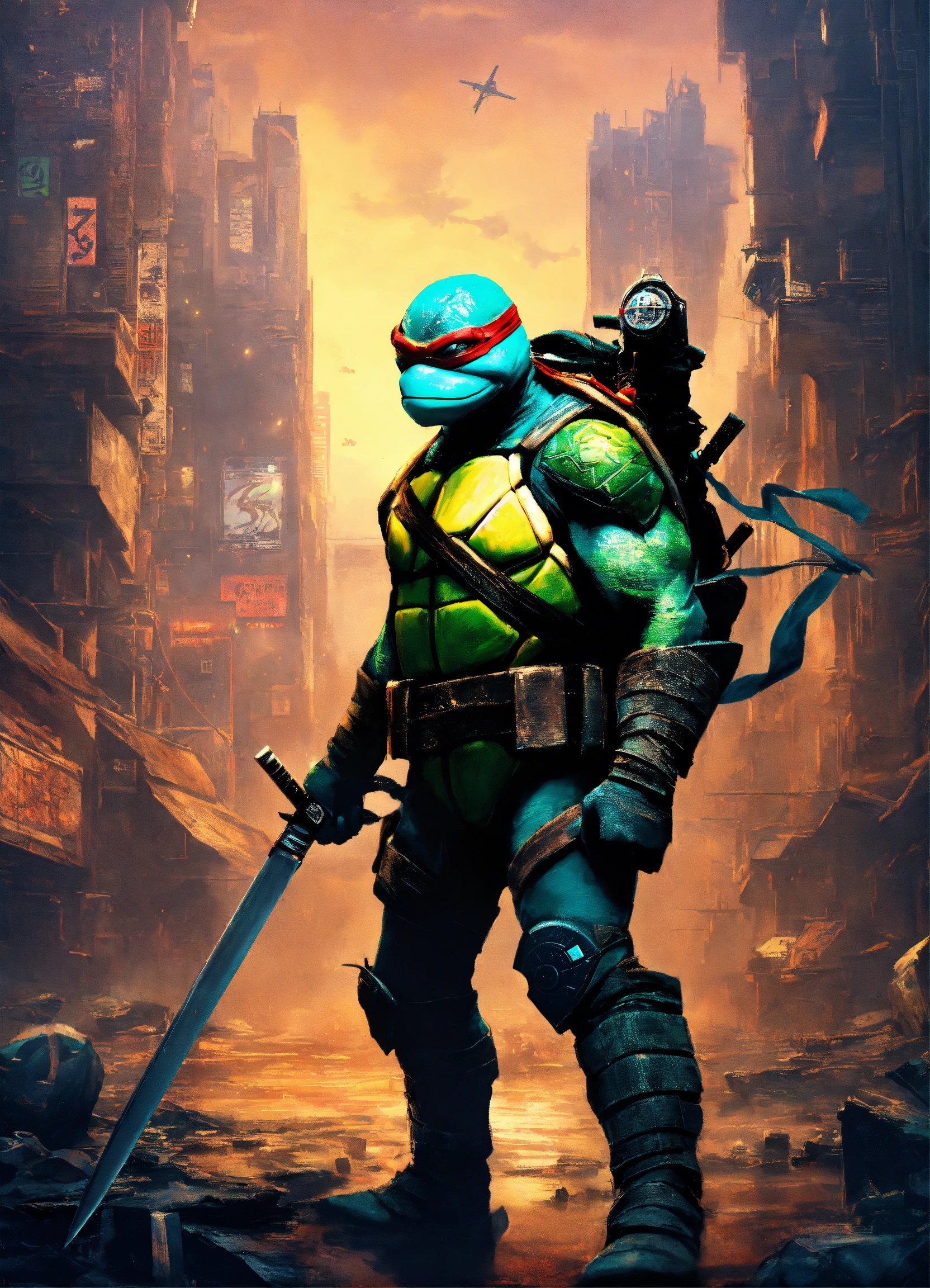 Lexica - A dreamlike ninja turtle with a shuriken in a dystopian metropolis