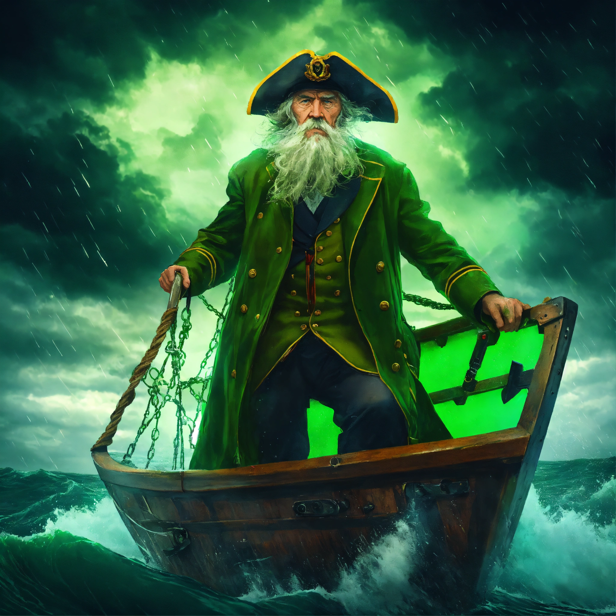 Lexica - Determined old sea captain, weathered face, steering his ship ...