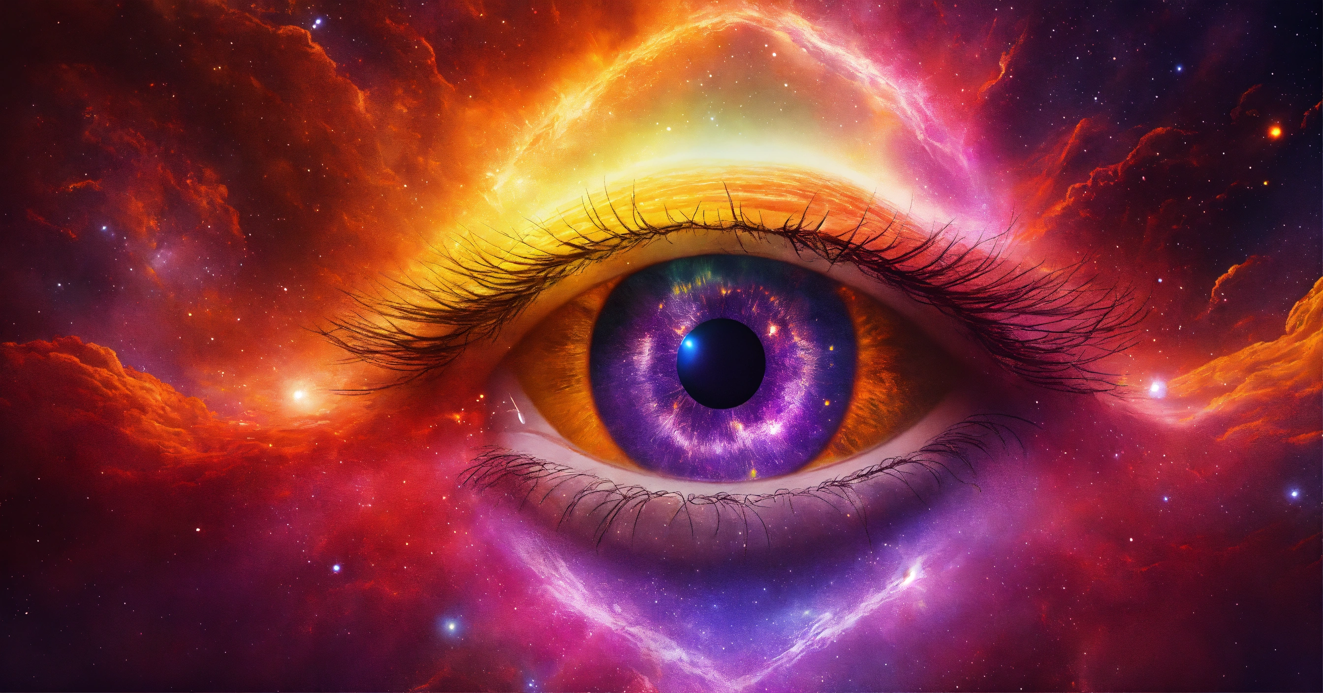 Lexica - Opening third eye, universe, space, 4k Colour, photo realistic, bright orange, bright ...