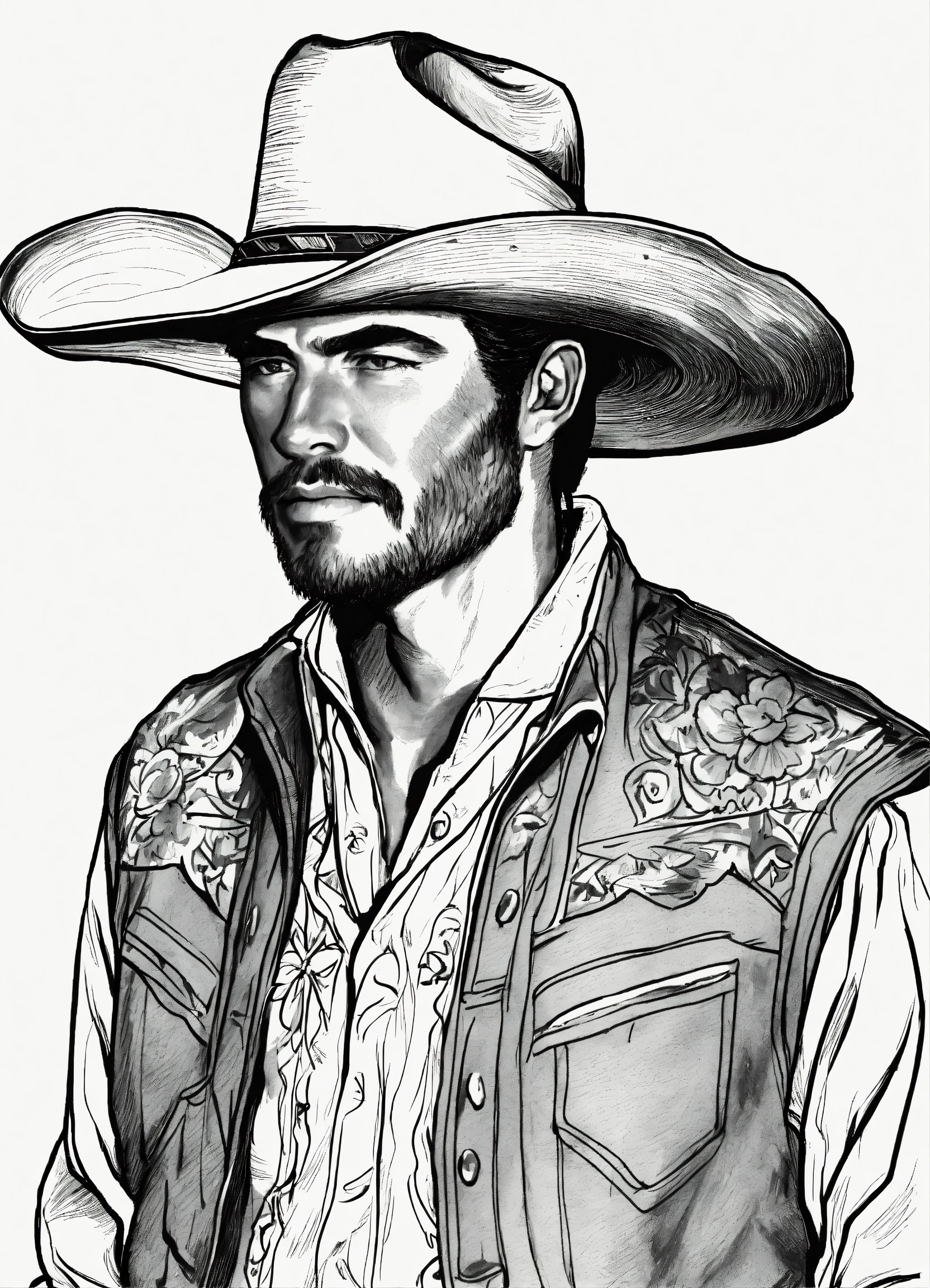 Lexica - Black and white line drawing of vaquero man, upper body, white ...