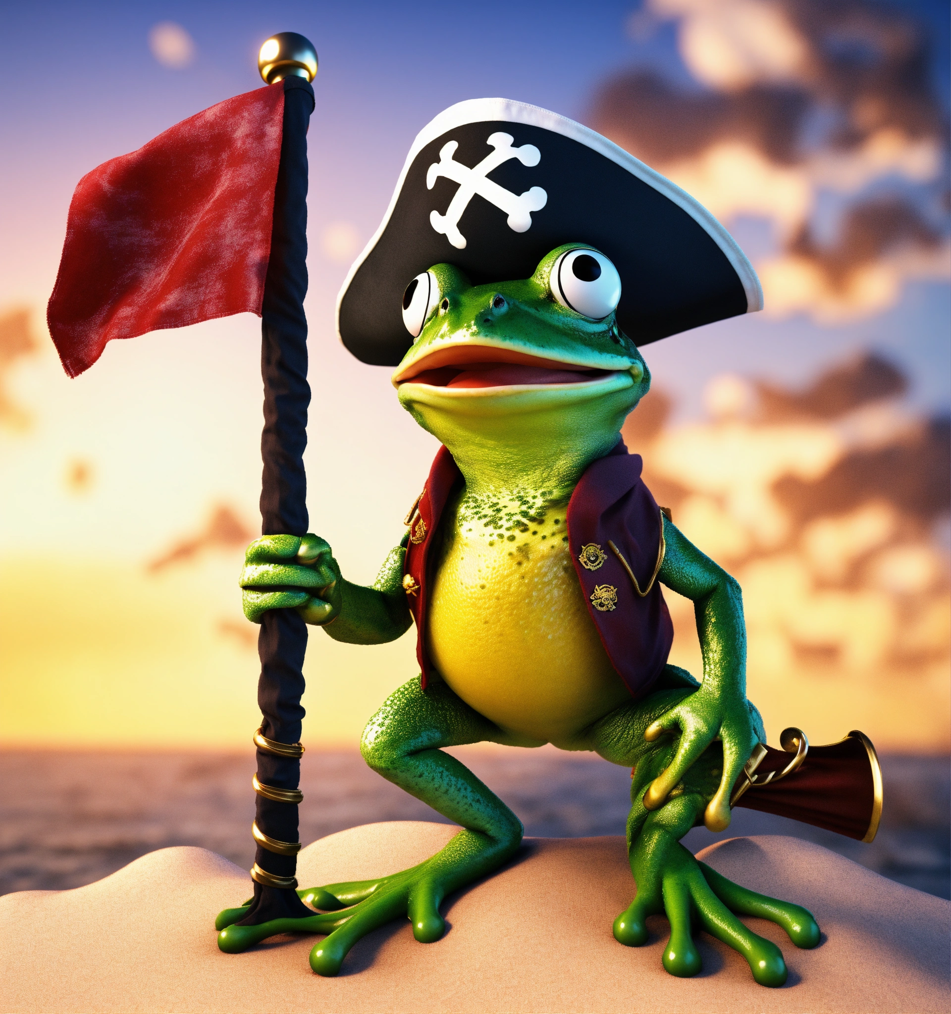 Lexica - Pirate frog, wearing a pirate hat, holding a pirate flag ...