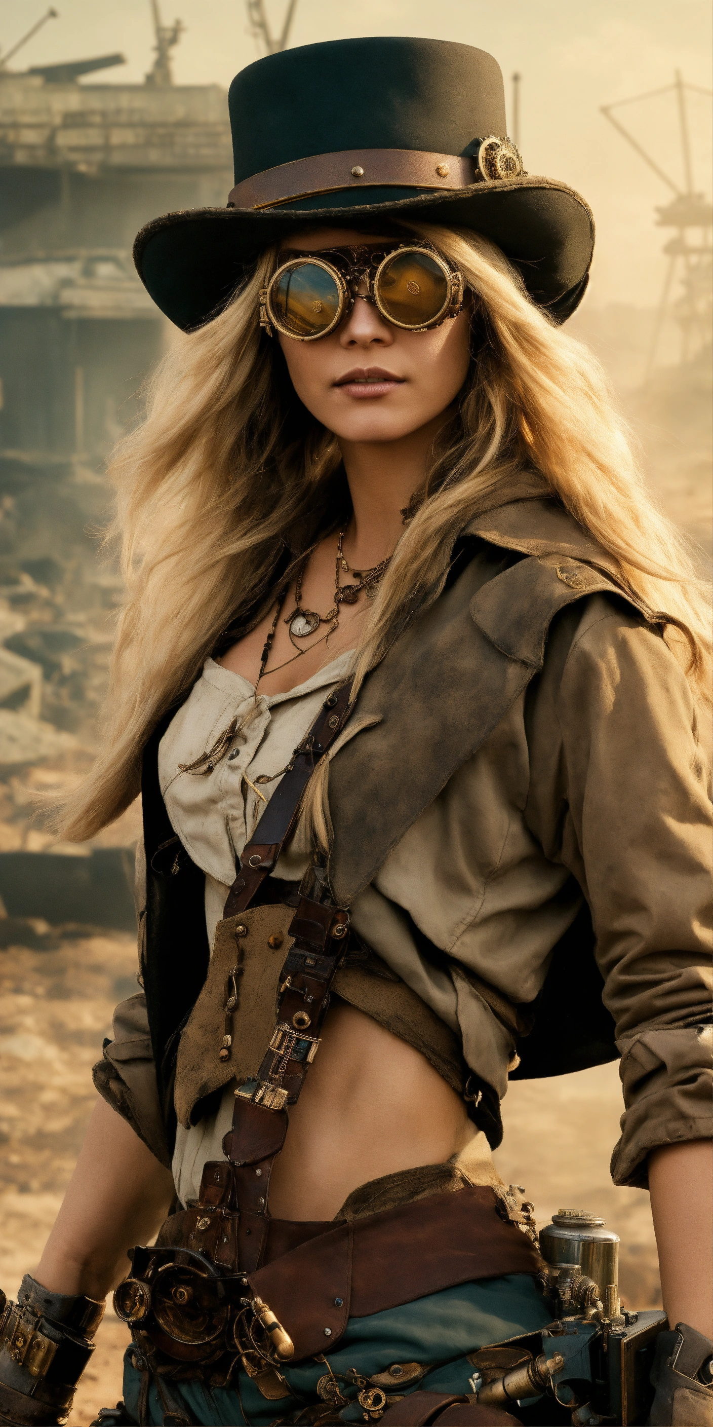 Lexica - A female sniper bandit with long blond hair with hat and steampunk glasses in a Farwest ...