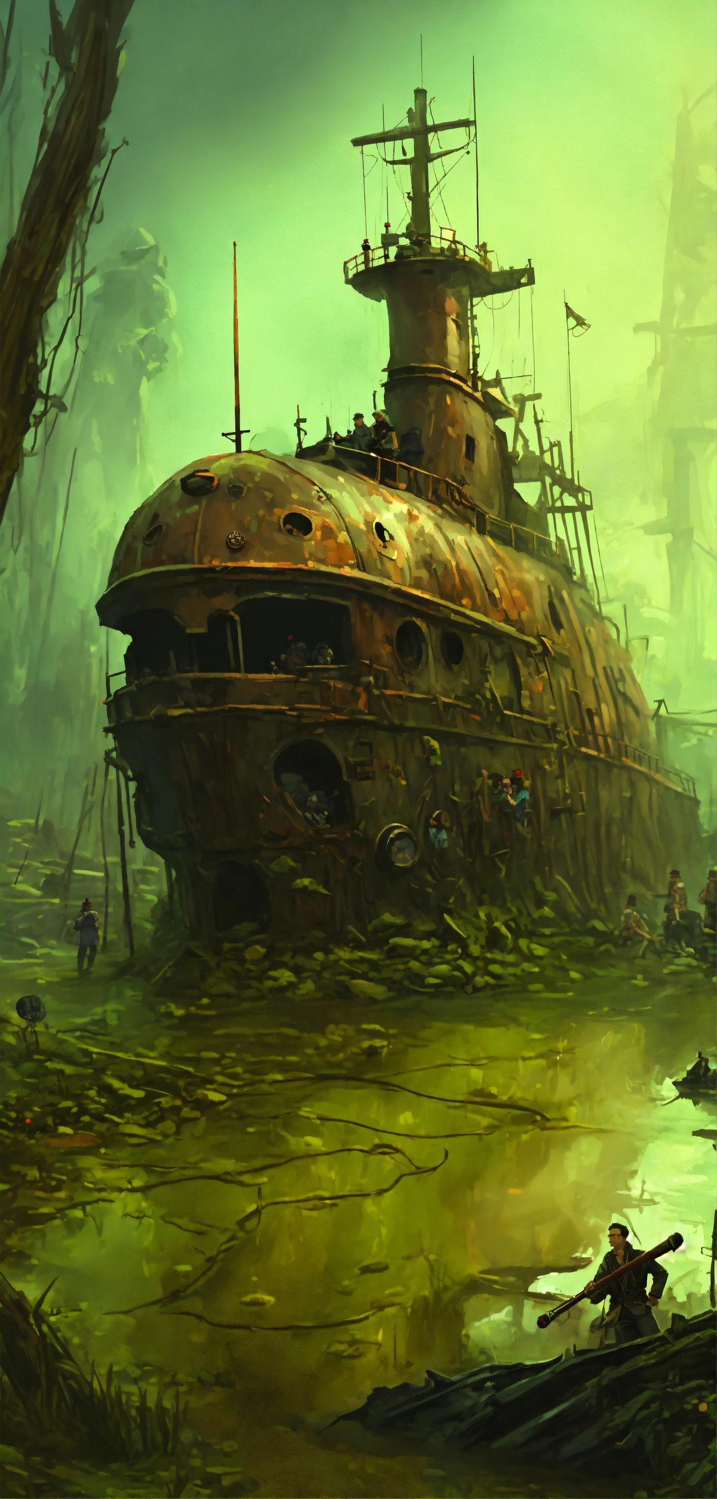 Lexica - Beached steampunk submarine shipwreck in swamp, digital ...