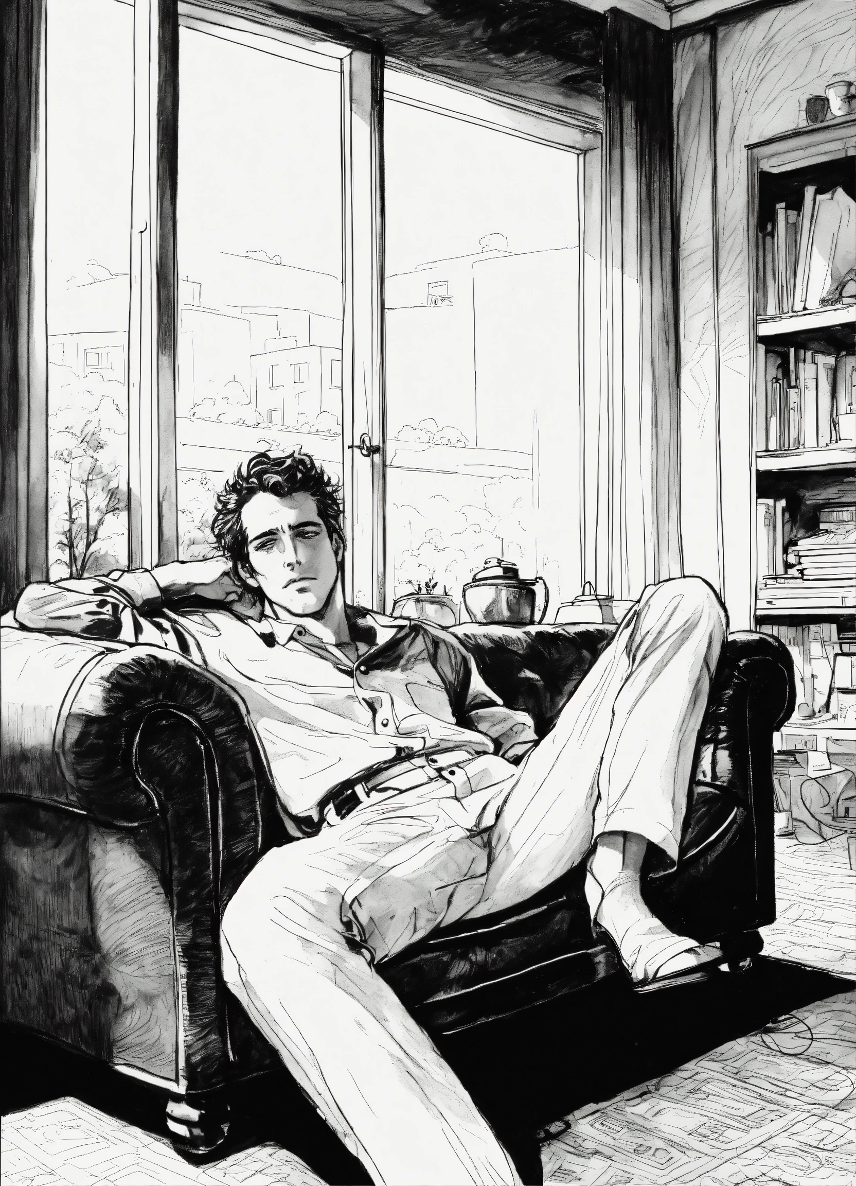 Lexica - A black and white line drawing, Milo Manara style, of a bored ...