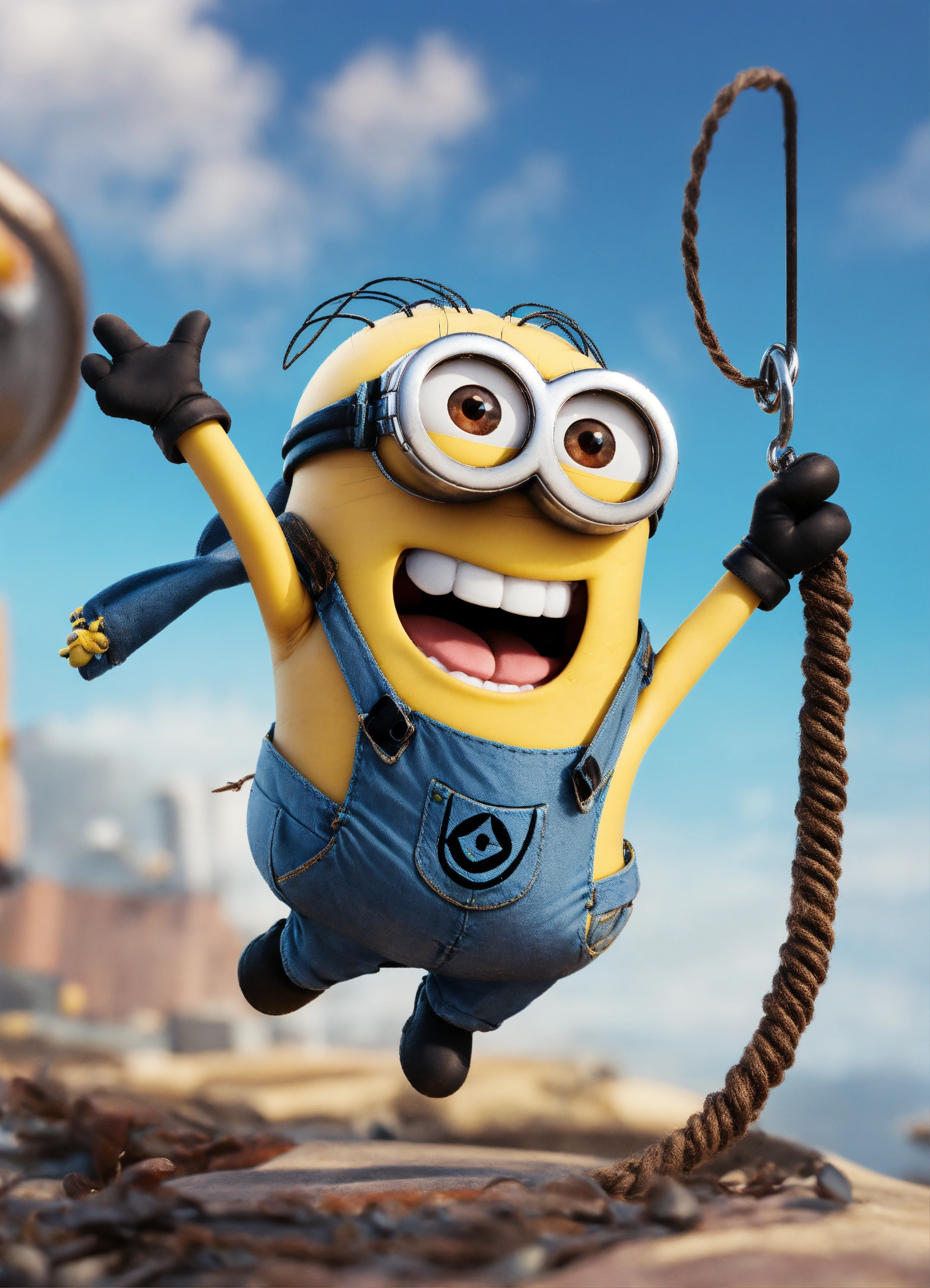 Lexica - A minion is grabbing with his left hand a hook. he is laughing ...