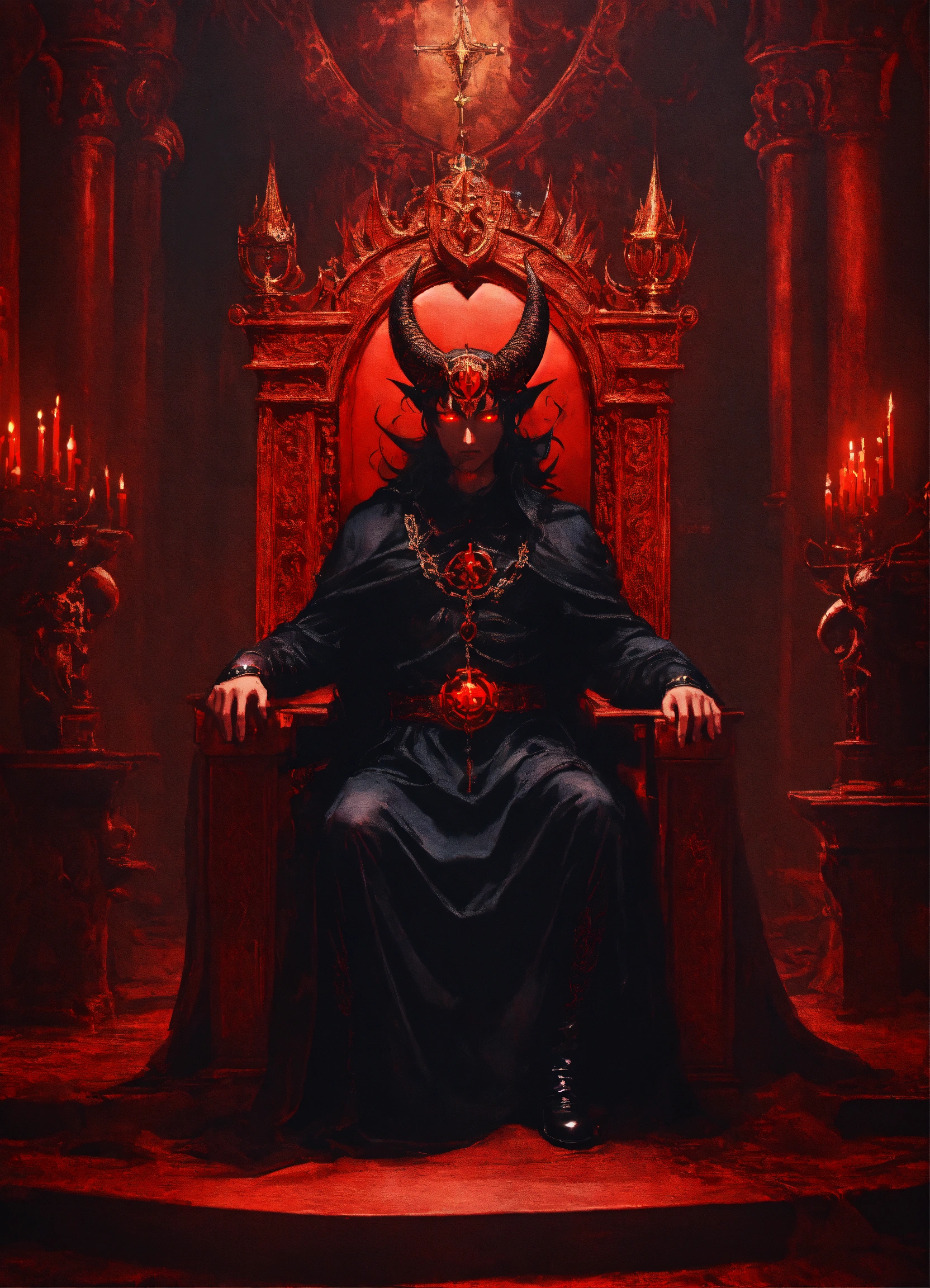 Lexica - Satan with crown on his head, sitting on his throne,red eyes ...