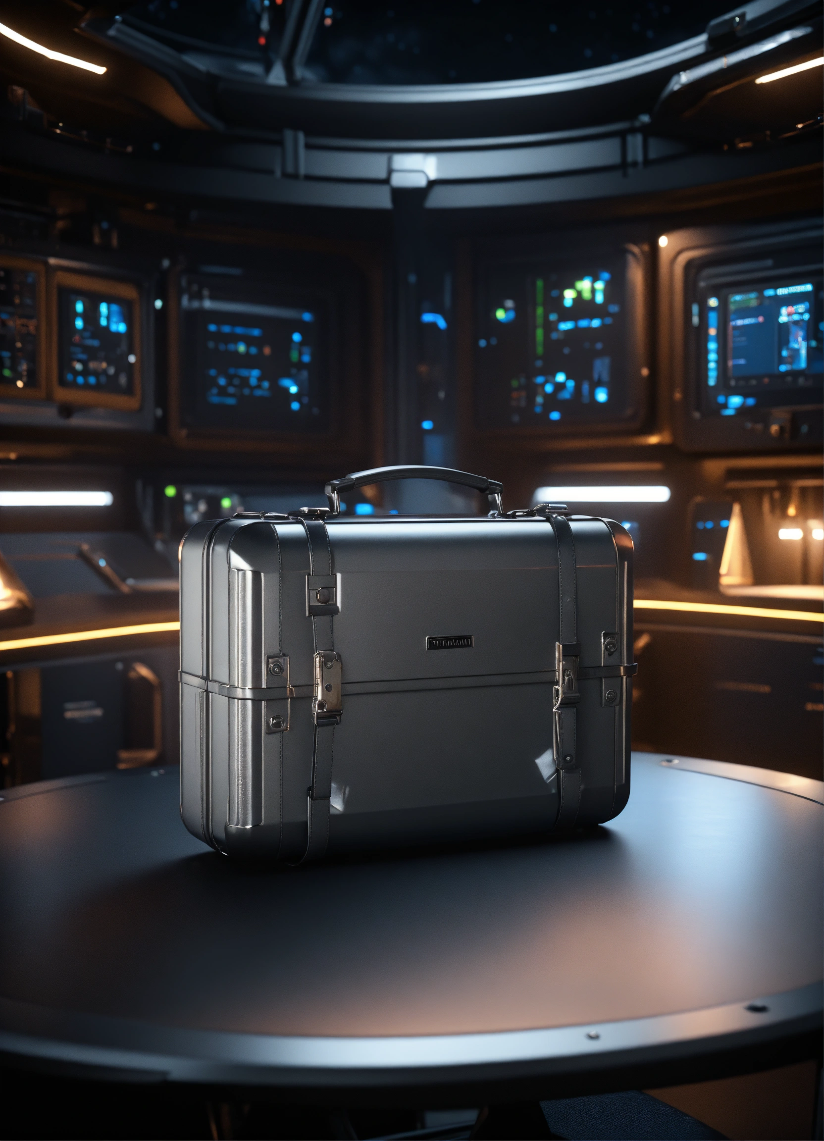 Lexica - VIew of a empty titanium security briefcase open on a round ...