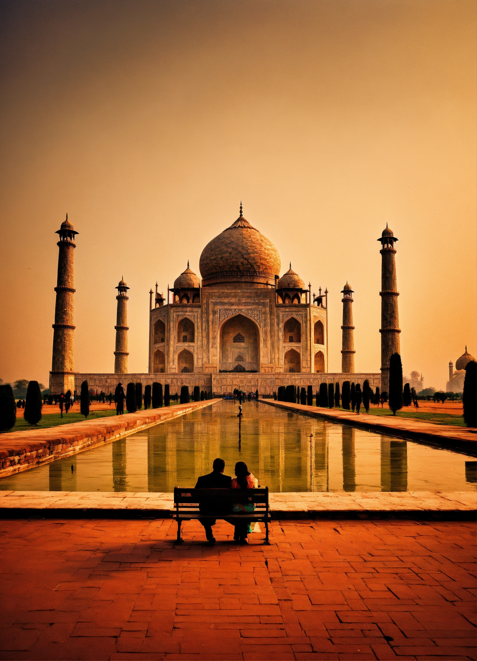 Lexica - Lovers on park bench distance india at taj mahal