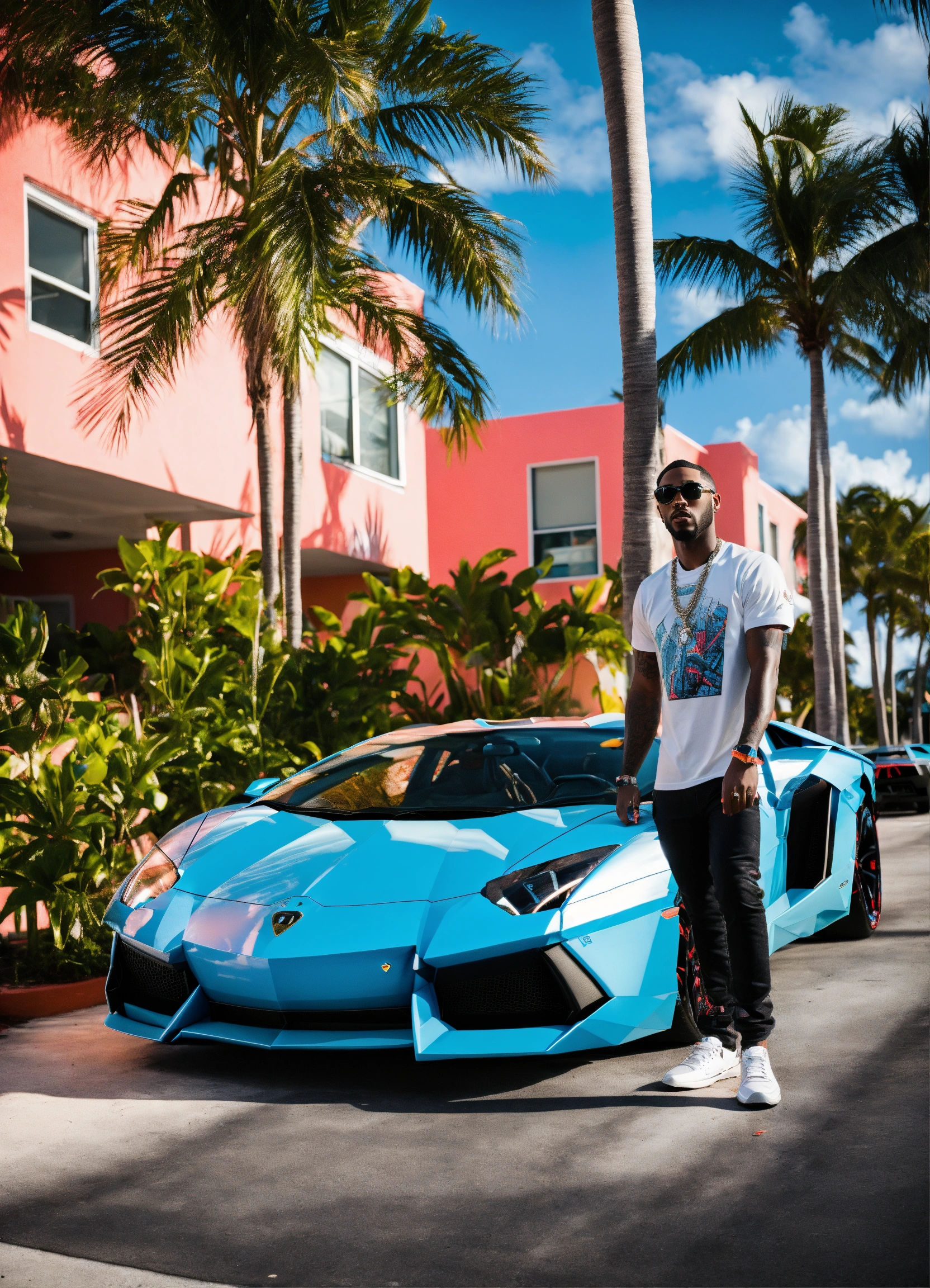 Lexica - A rapper walking in Miami Beach Lamborghini aventador cars ...