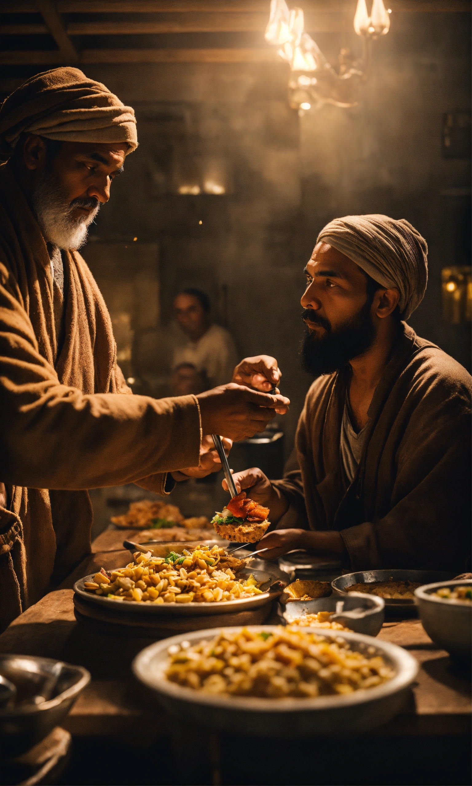 Lexica - A man giving food to a poor man, while holding a weapon with ...