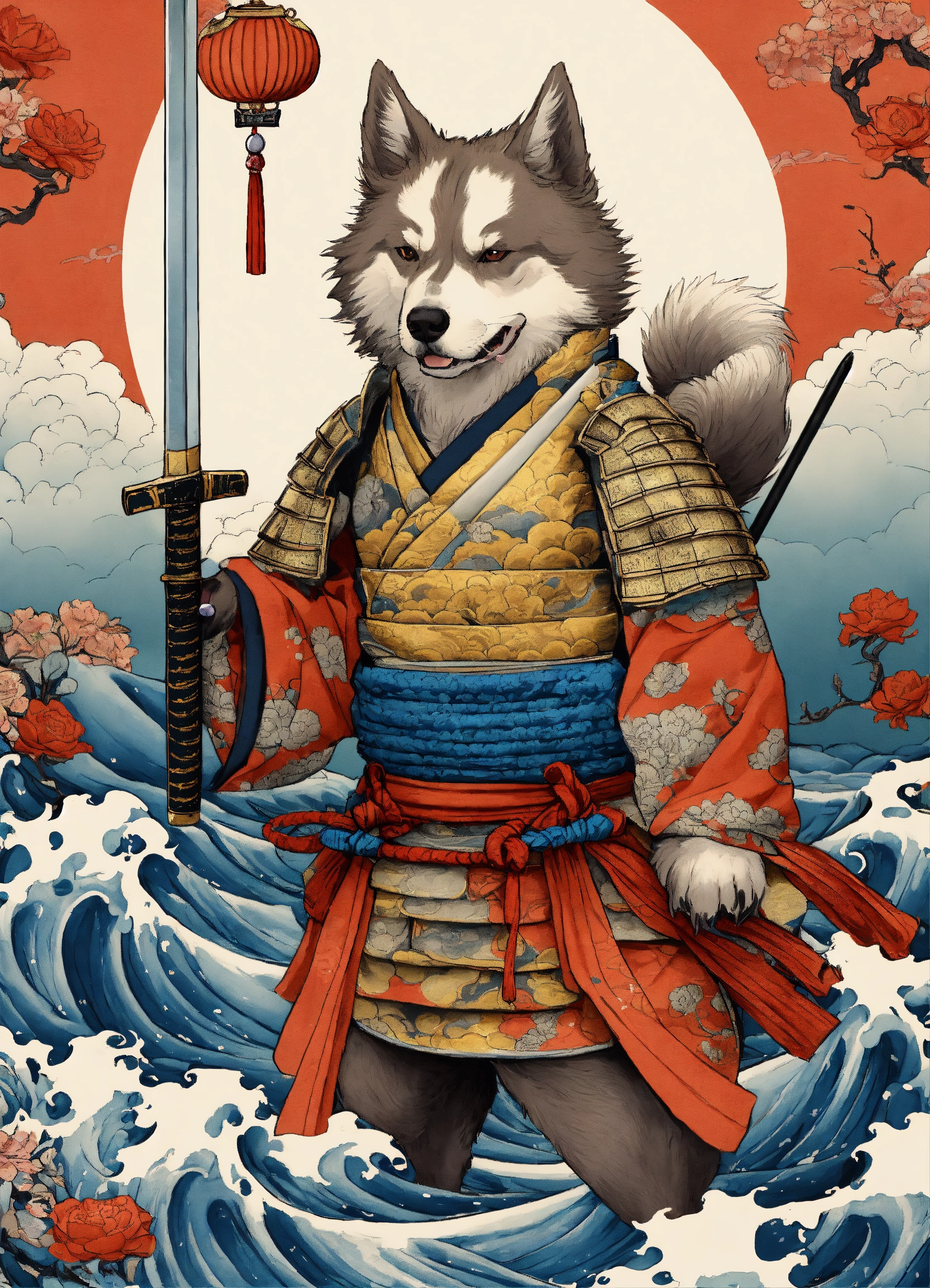 Lexica - There is a dog with a fish and a sword on a white background ...